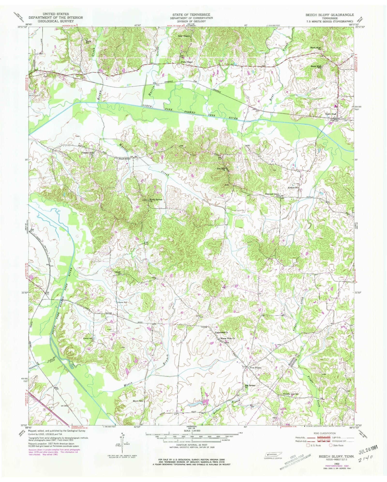 Classic USGS Beech Bluff Tennessee 7.5'x7.5' Topo Map – MyTopo Map Store