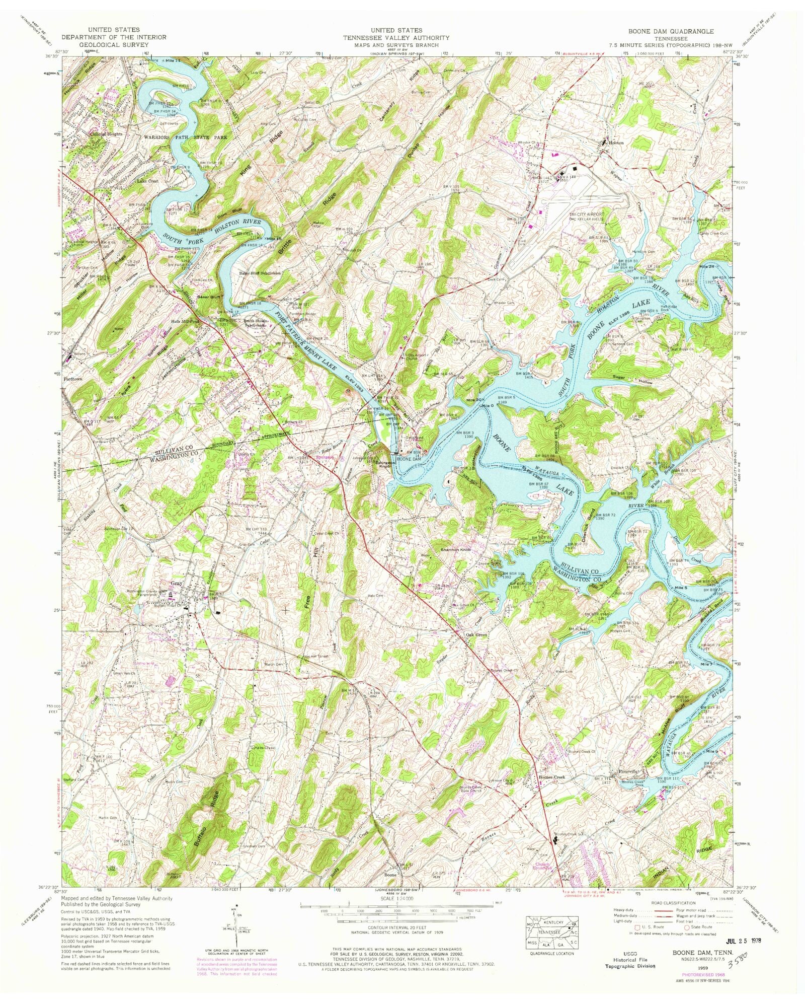 Classic USGS Boone Dam Tennessee 7.5'x7.5' Topo Map – MyTopo Map Store
