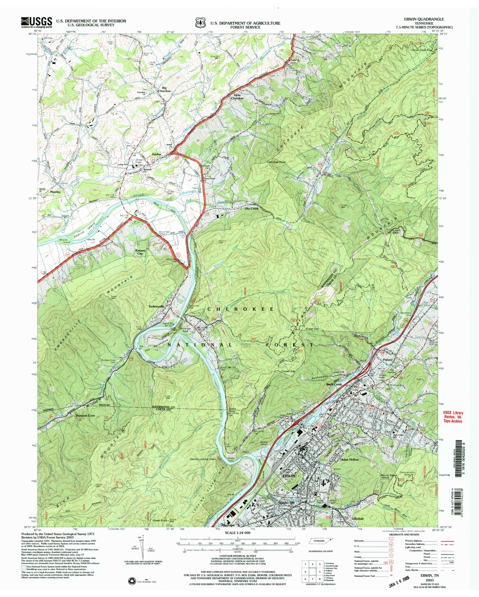 Classic USGS Erwin Tennessee 7.5'x7.5' Topo Map – MyTopo Map Store
