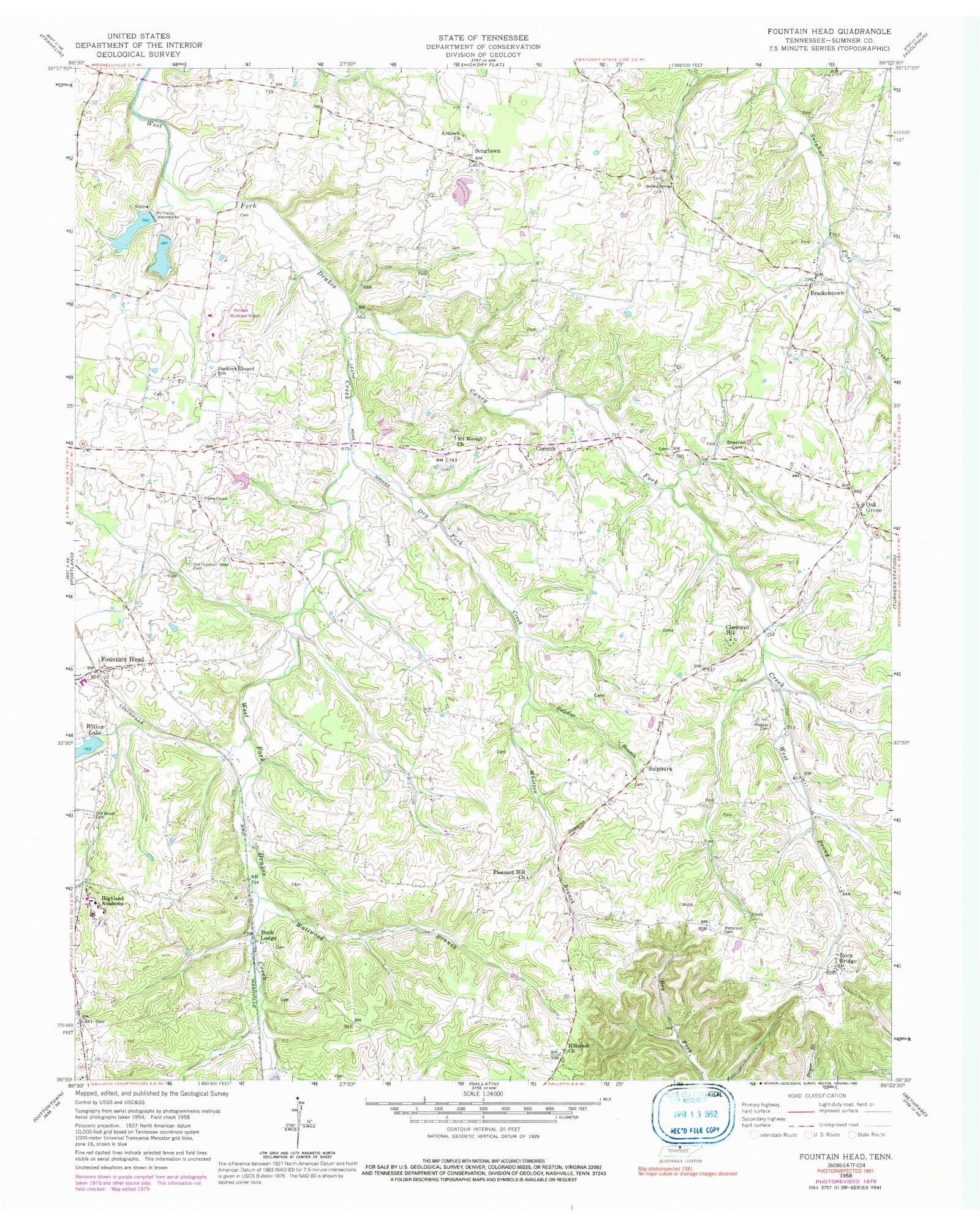 Classic USGS Fountain Head Tennessee 7.5'x7.5' Topo Map – MyTopo Map Store