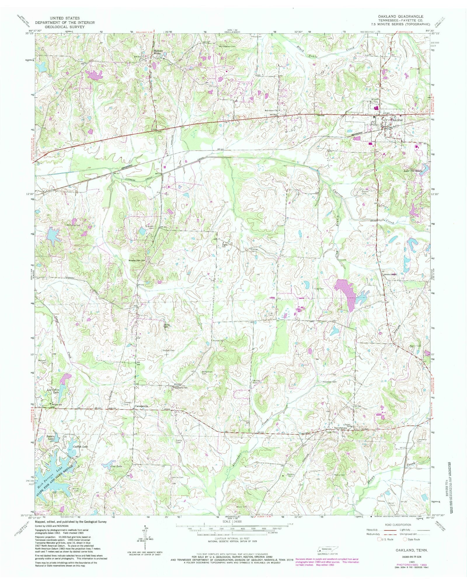 Classic USGS Oakland Tennessee 7.5'x7.5' Topo Map – MyTopo Map Store
