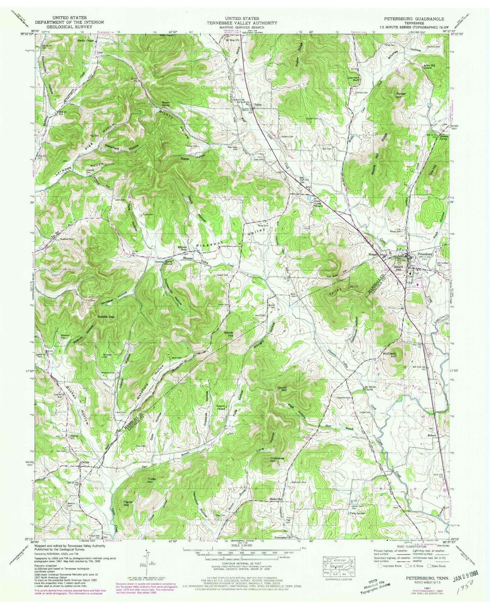 Classic USGS Petersburg Tennessee 7.5'x7.5' Topo Map – MyTopo Map Store