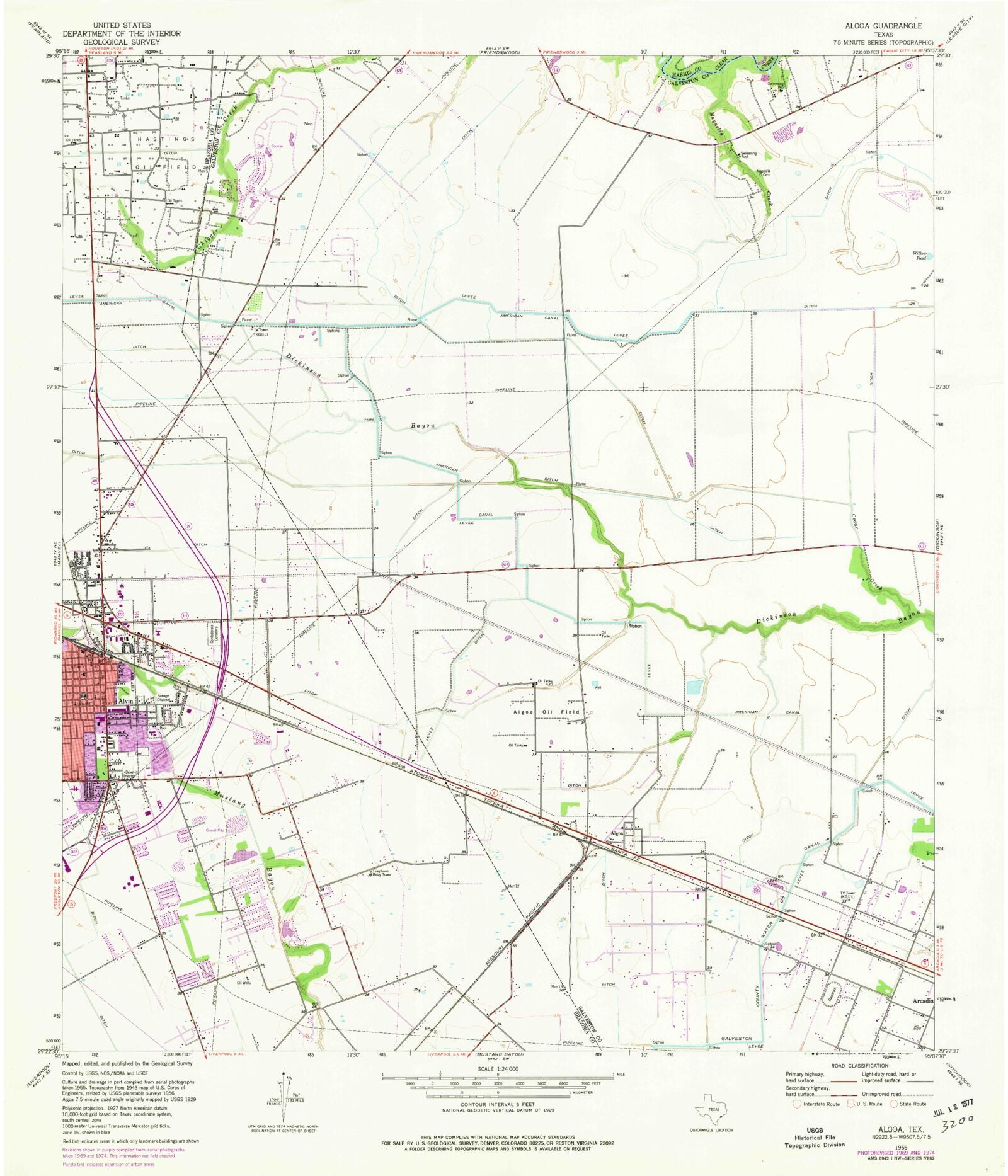 Classic USGS Algoa Texas 7.5'x7.5' Topo Map – MyTopo Map Store