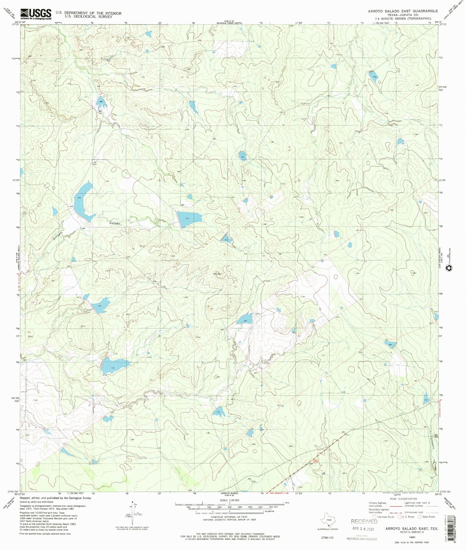 Classic USGS Arroyo Salado East Texas 7.5'x7.5' Topo Map – MyTopo Map Store