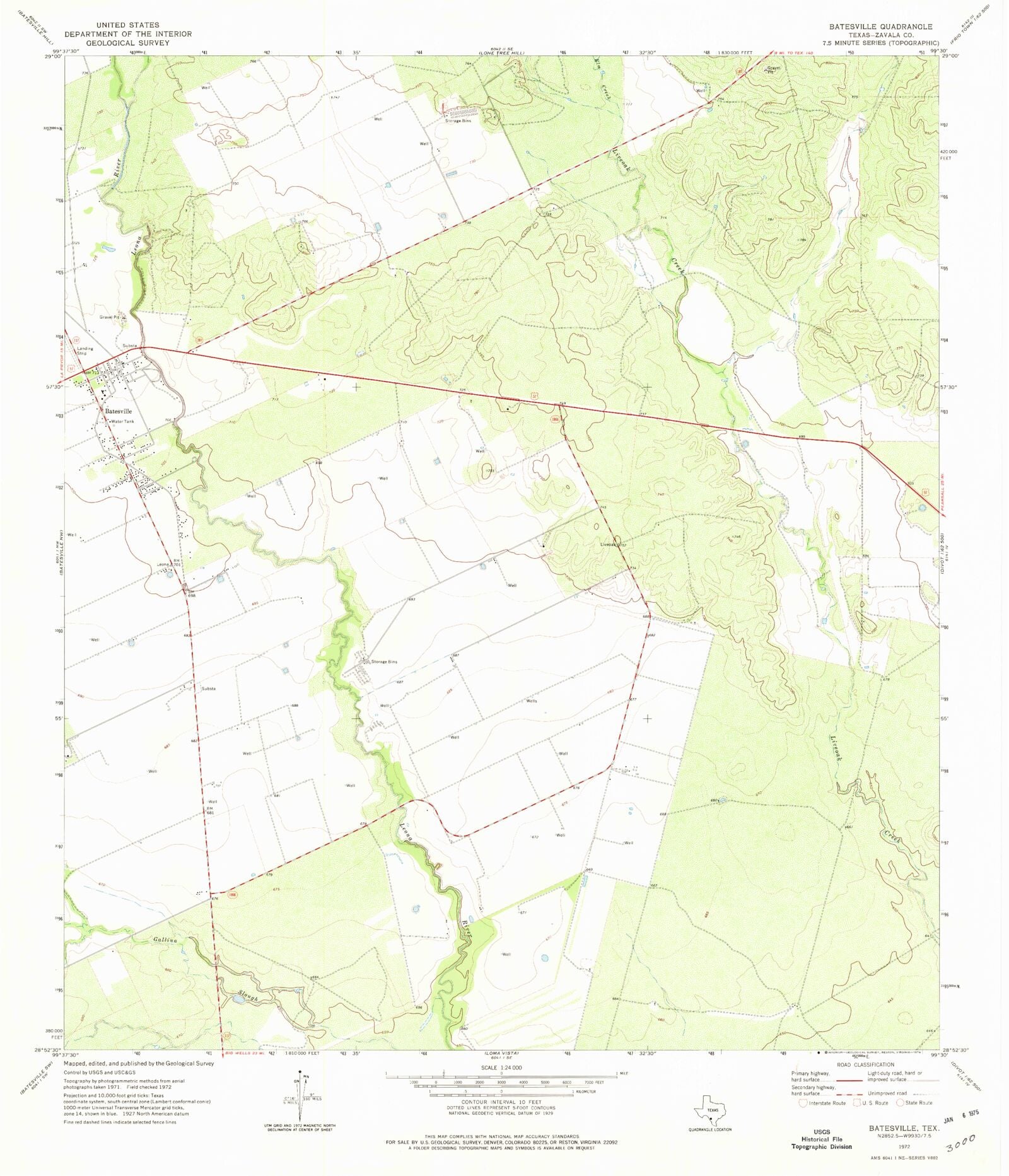 Classic USGS Batesville Texas 7.5'x7.5' Topo Map – MyTopo Map Store