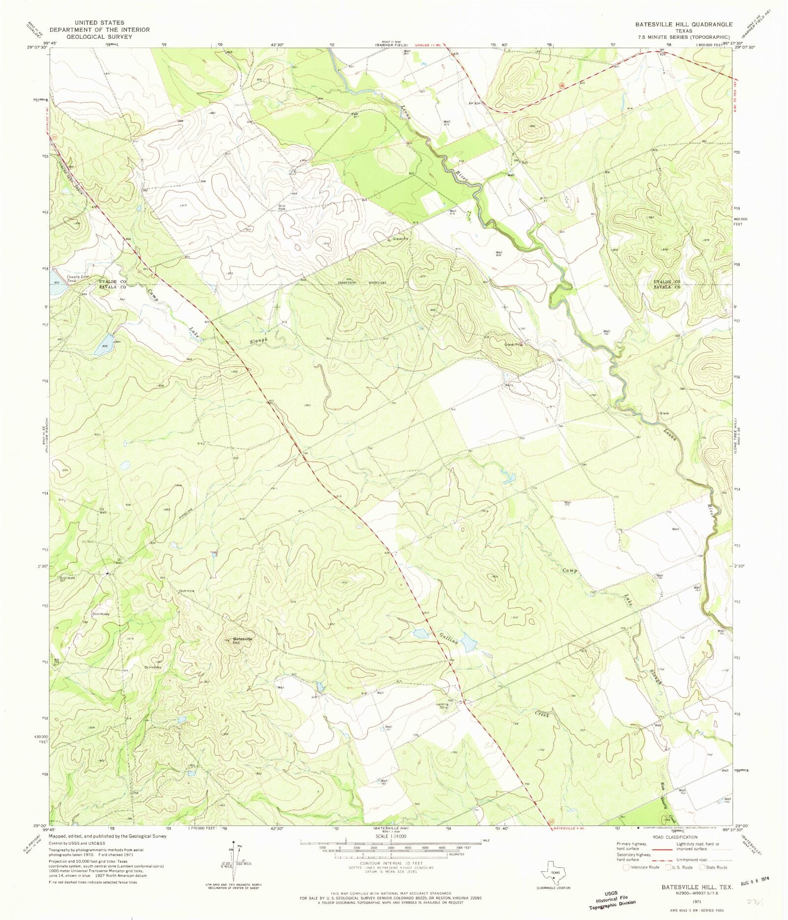 Classic USGS Batesville Hill Texas 7.5'x7.5' Topo Map – MyTopo Map Store