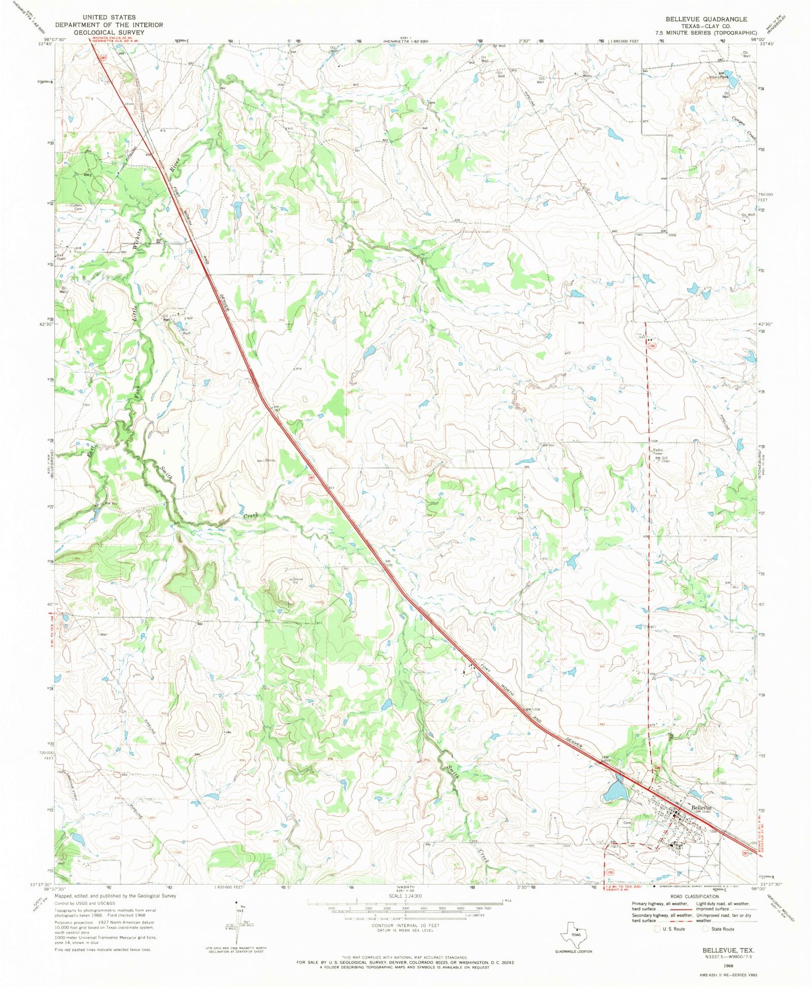Classic USGS Bellevue Texas 7.5'x7.5' Topo Map – MyTopo Map Store