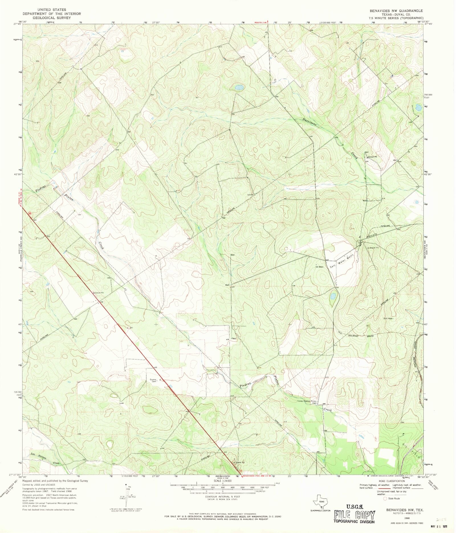 Classic USGS Benavides NW Texas 7.5'x7.5' Topo Map – MyTopo Map Store