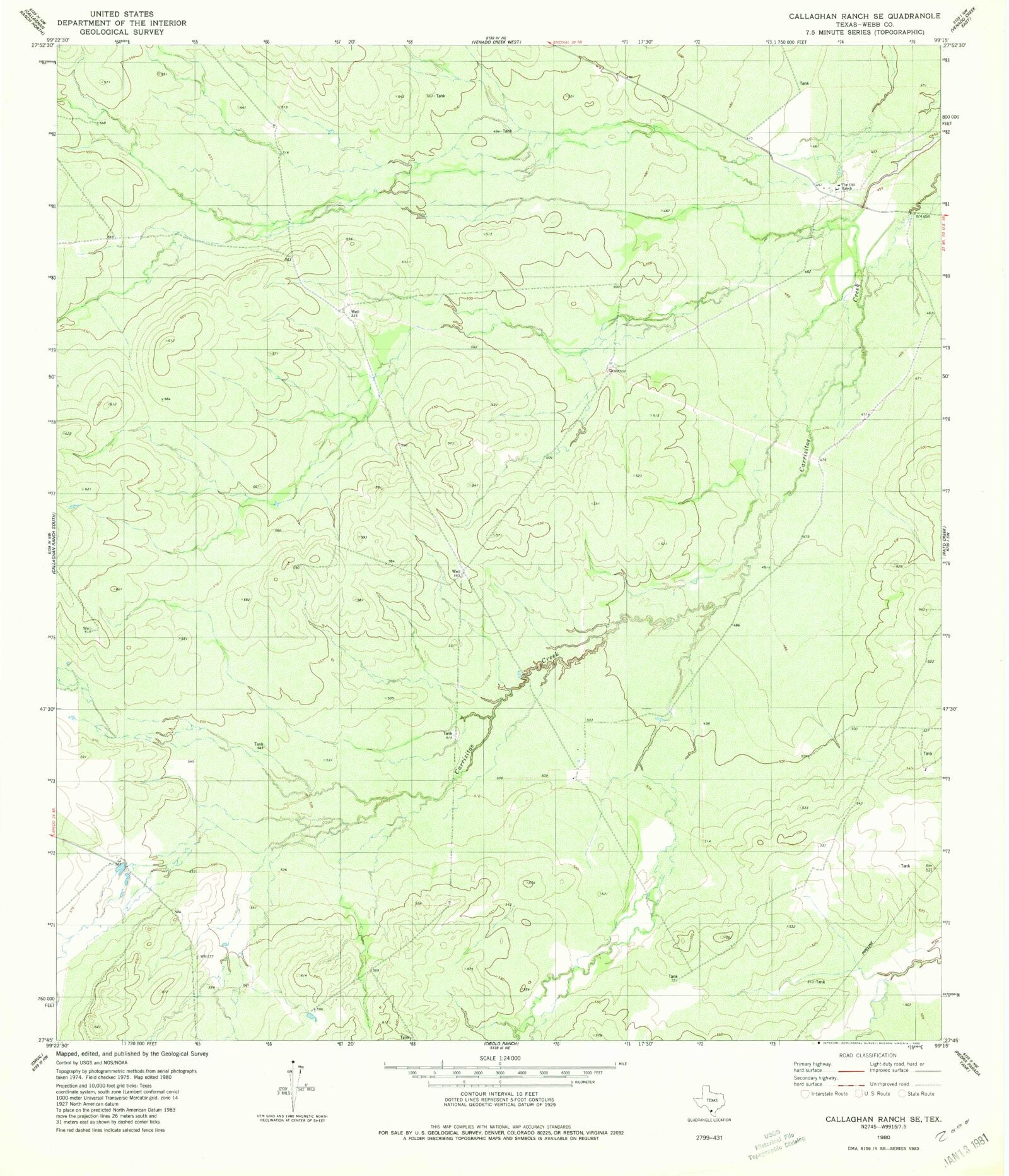Classic USGS Callaghan Ranch SE Texas 7.5'x7.5' Topo Map – MyTopo Map Store