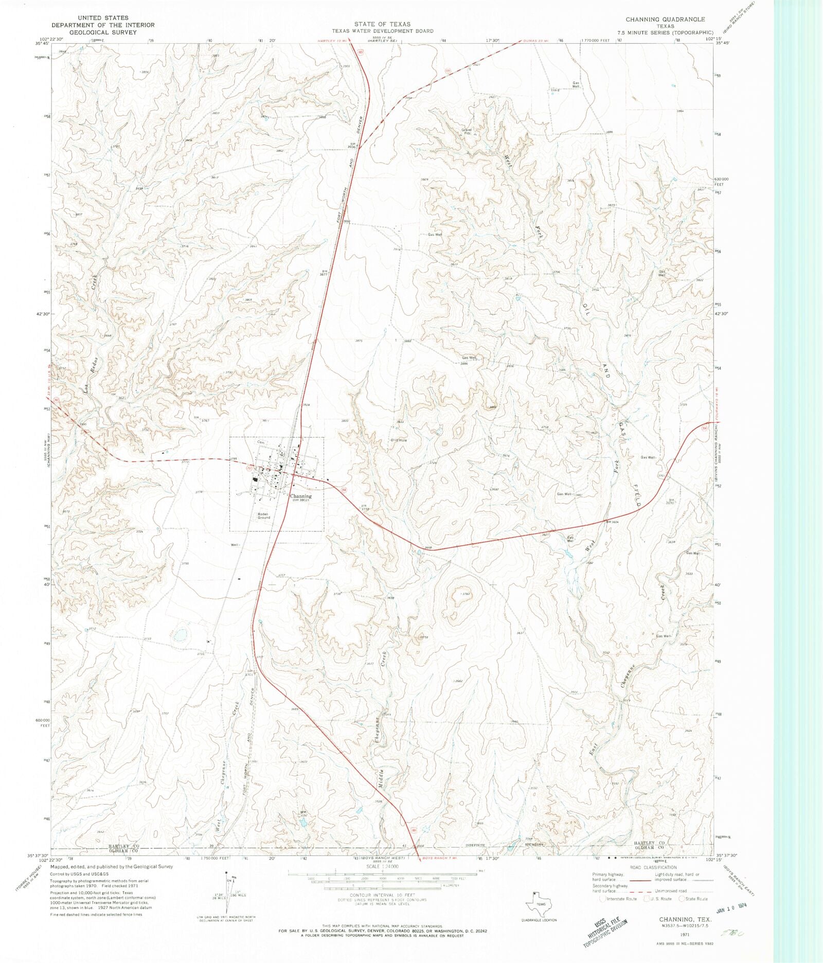 Classic USGS Channing Texas 7.5'x7.5' Topo Map – MyTopo Map Store