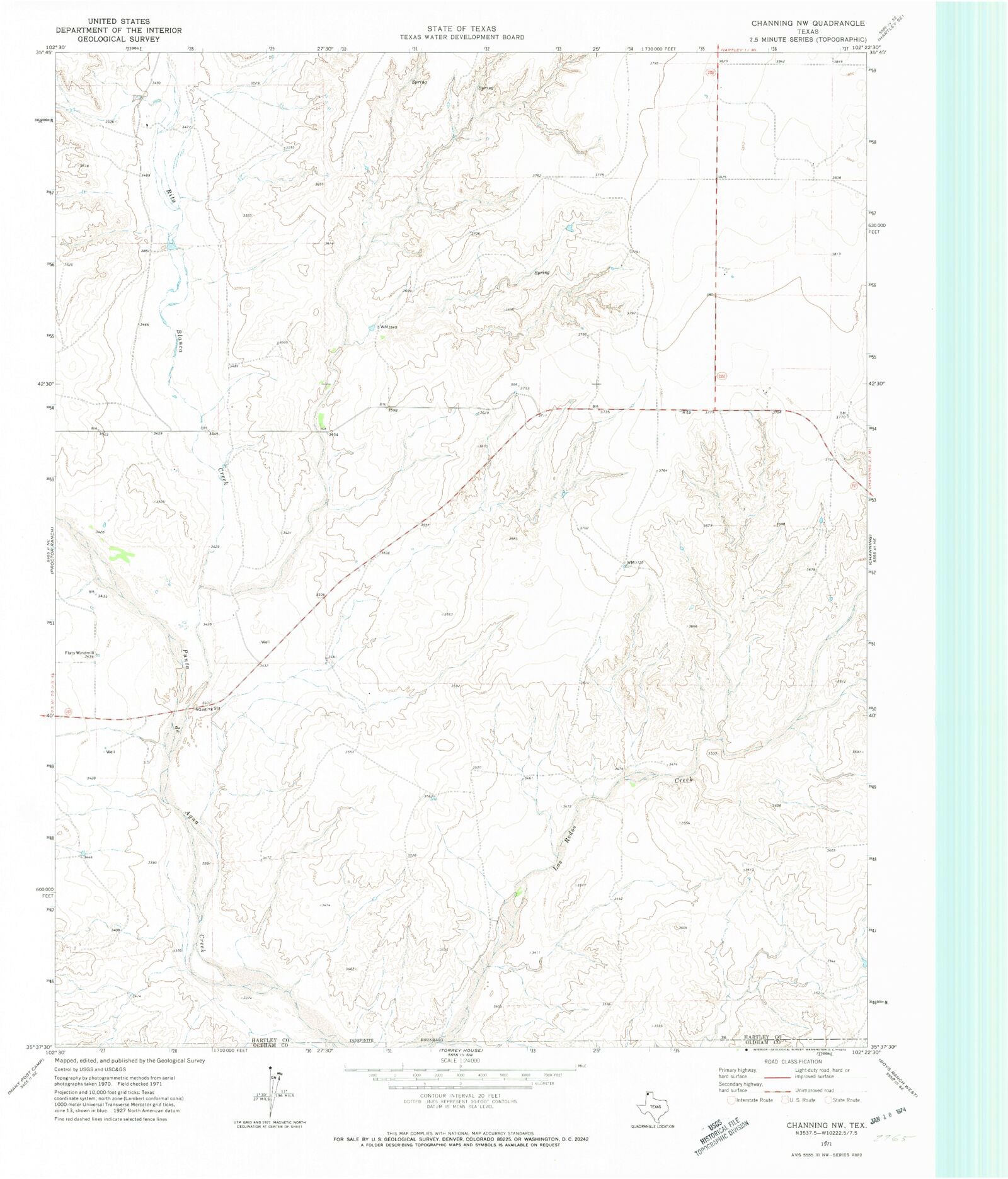 Classic USGS Channing NW Texas 7.5'x7.5' Topo Map – MyTopo Map Store