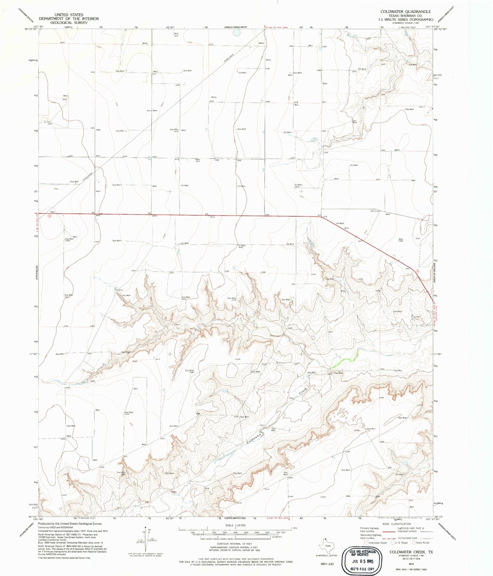 Classic USGS Coldwater Creek Texas 7.5'x7.5' Topo Map – MyTopo Map Store