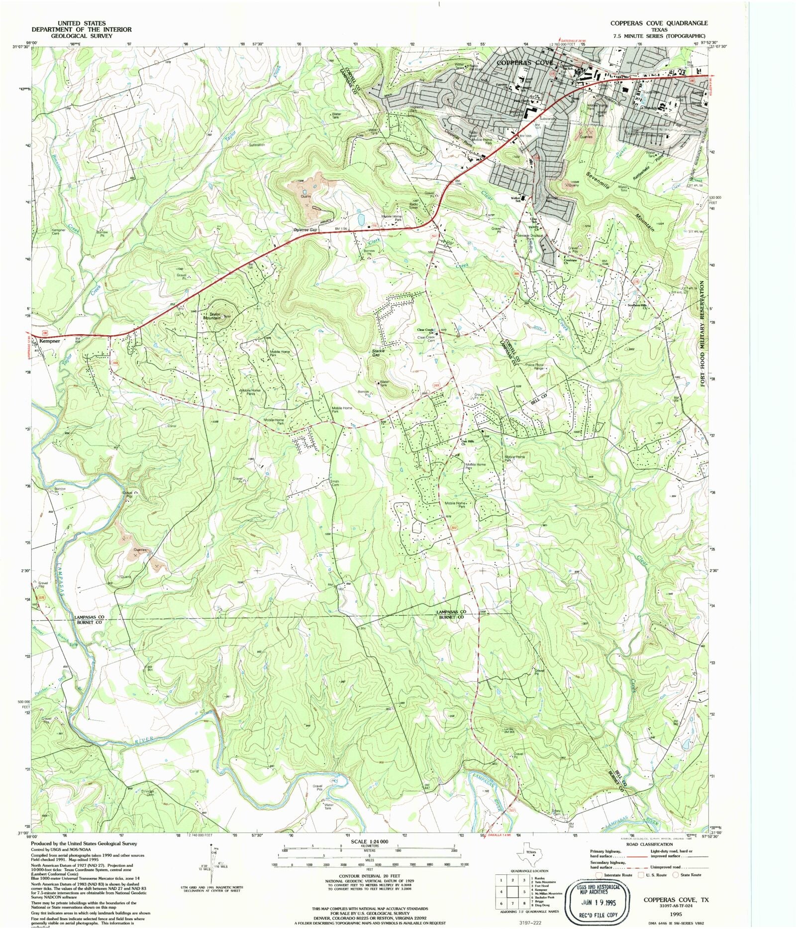 Classic USGS Copperas Cove Texas 7.5'x7.5' Topo Map – MyTopo Map Store