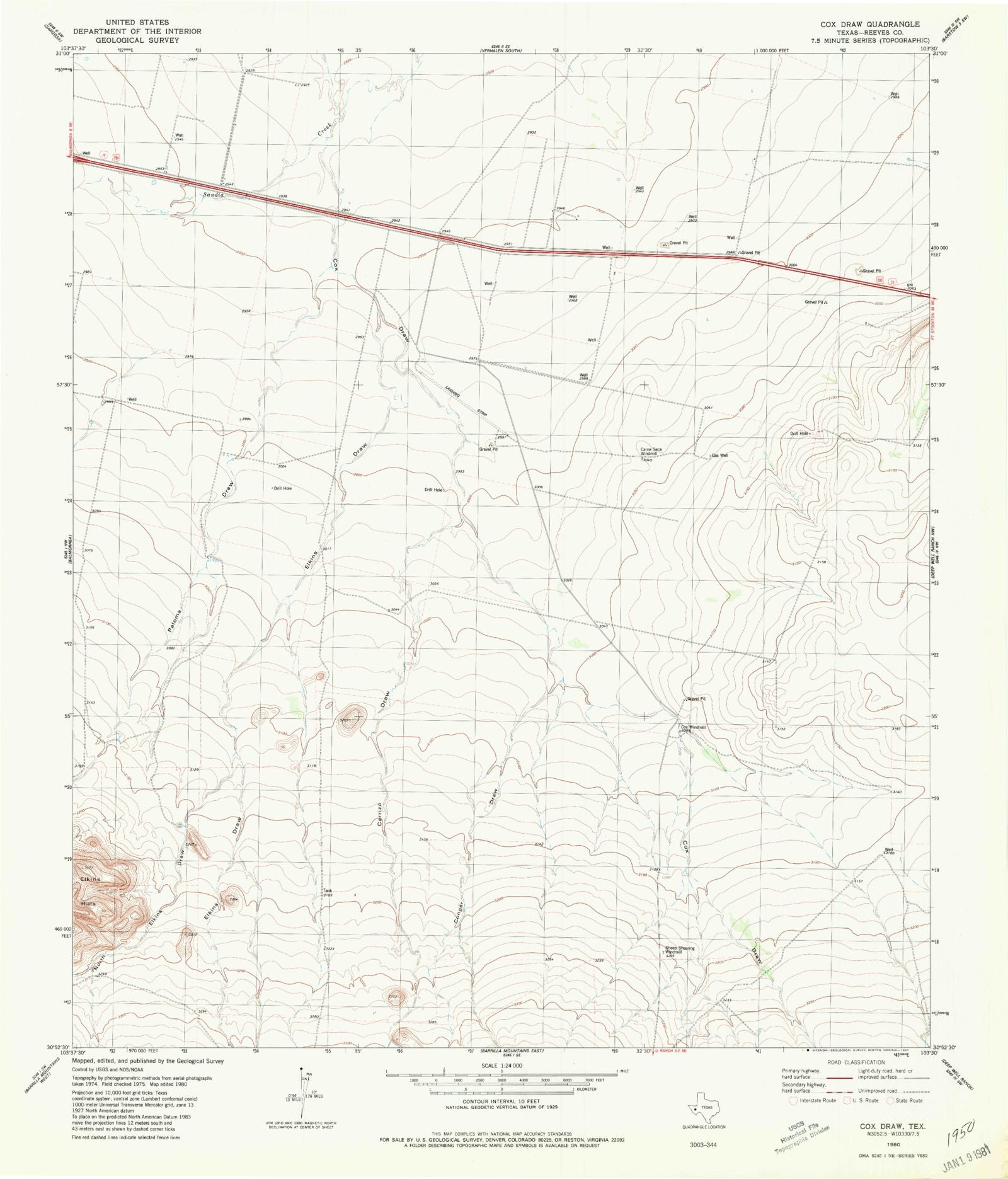 Classic USGS Cox Draw Texas 7.5'x7.5' Topo Map – MyTopo Map Store