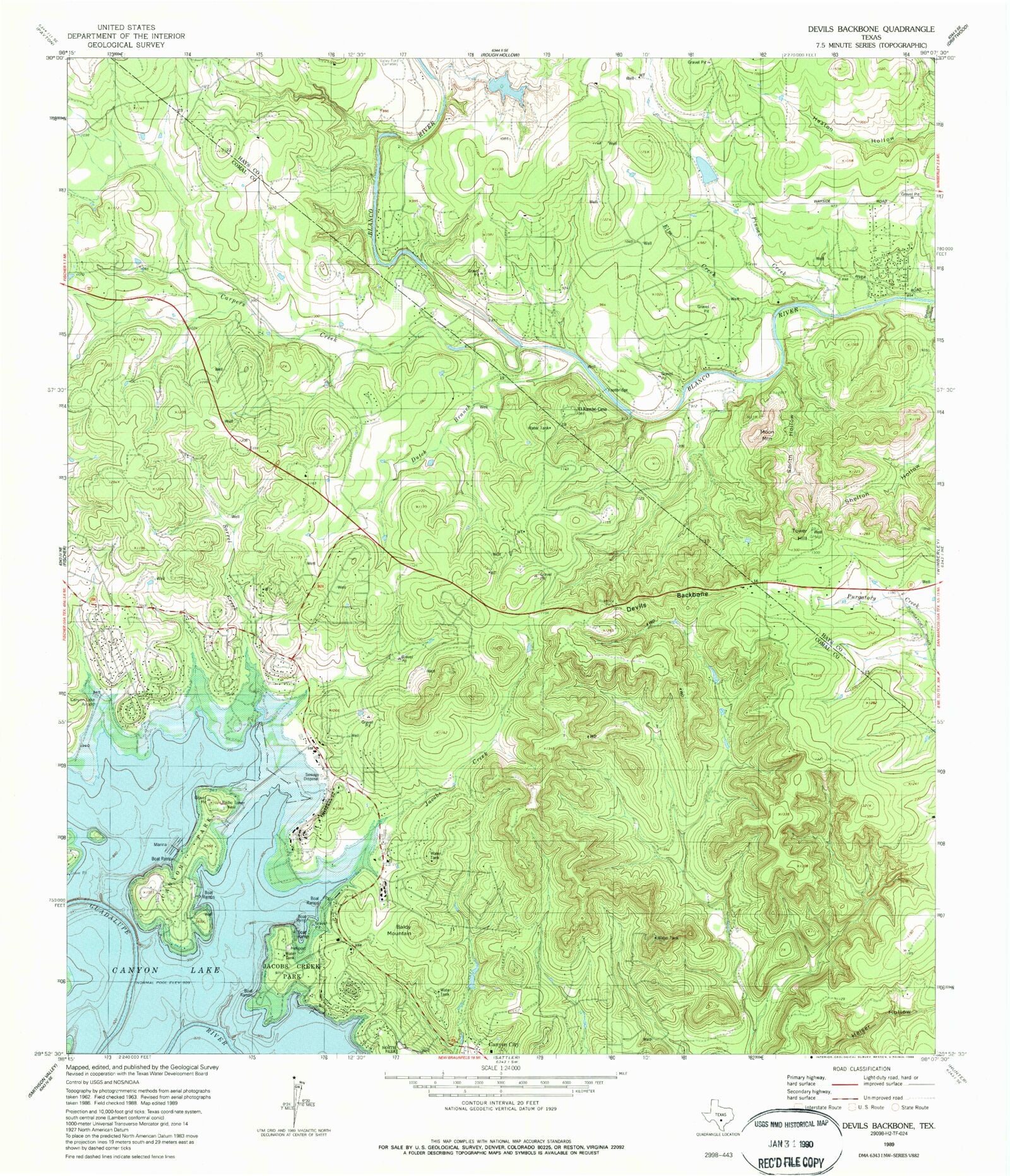 Classic USGS Devils Backbone Texas 7.5'x7.5' Topo Map – MyTopo Map Store