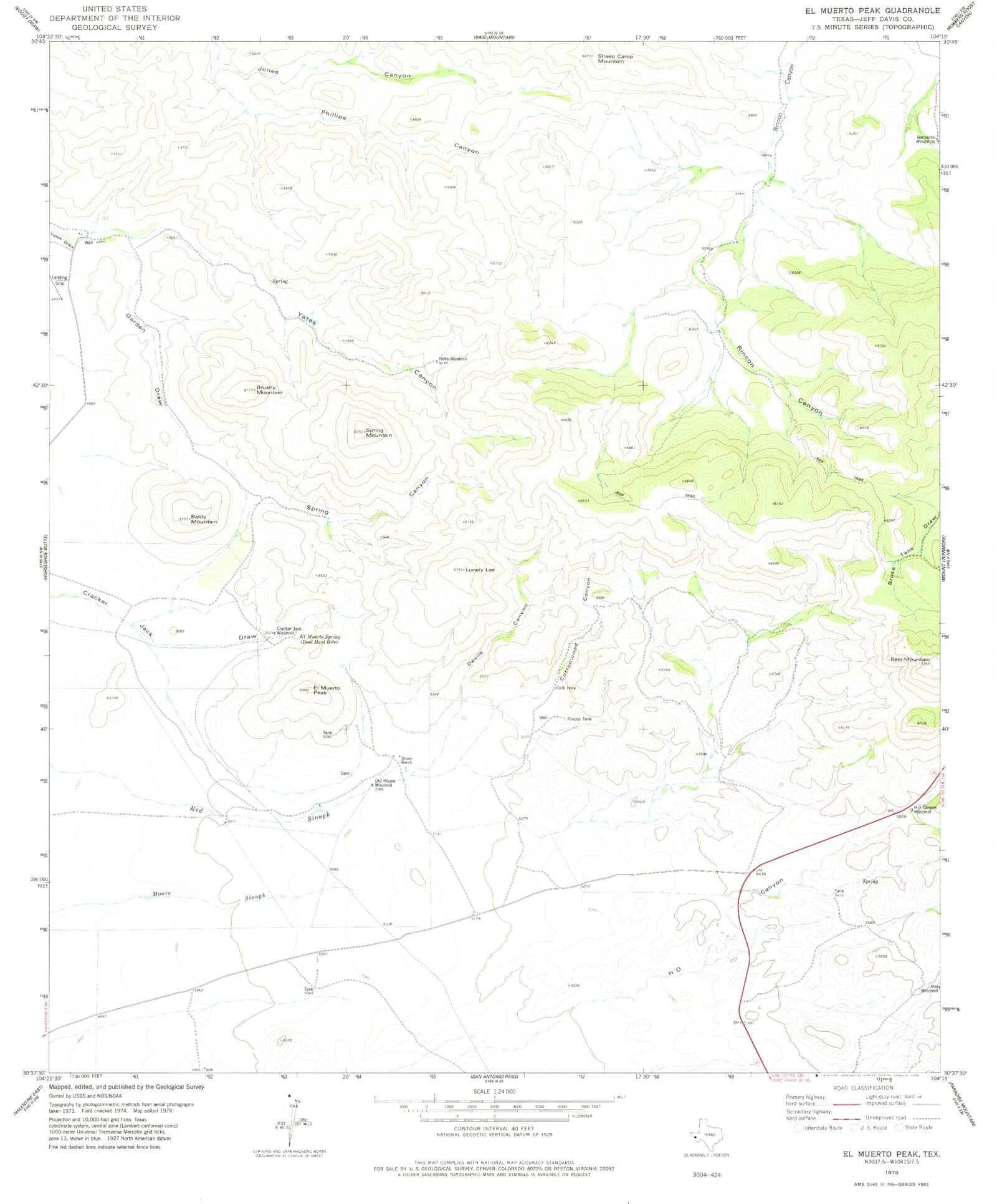 Classic USGS El Muerto Peak Texas 7.5'x7.5' Topo Map – MyTopo Map Store