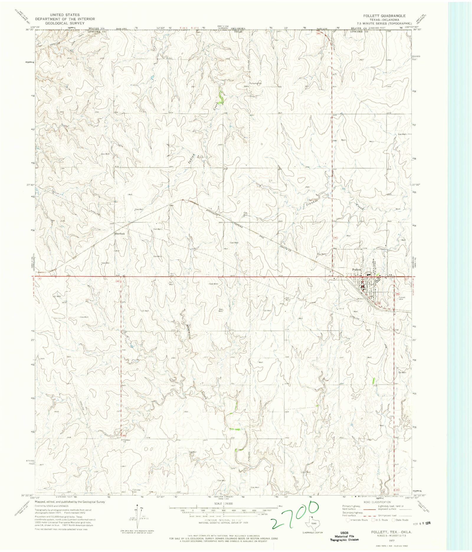 Classic USGS Follett Texas 7.5'x7.5' Topo Map – MyTopo Map Store