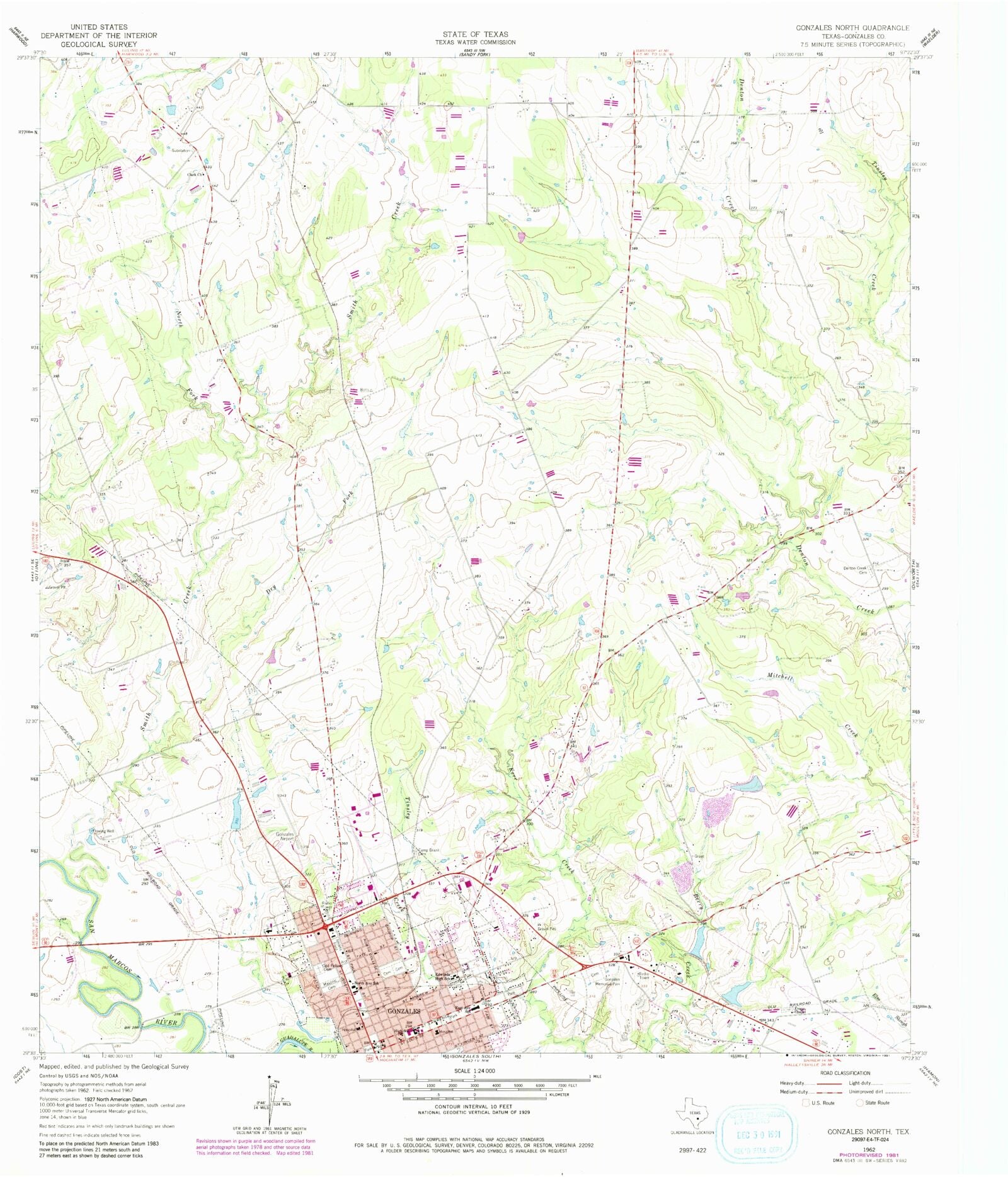 Classic USGS Gonzales North Texas 7.5'x7.5' Topo Map – MyTopo Map Store