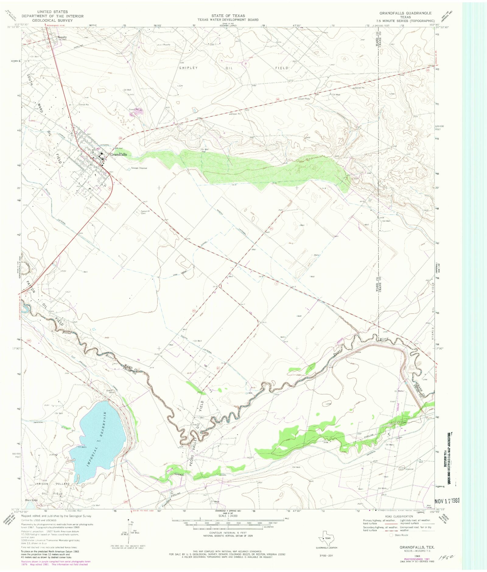Classic USGS Grandfalls Texas 7.5'x7.5' Topo Map – MyTopo Map Store
