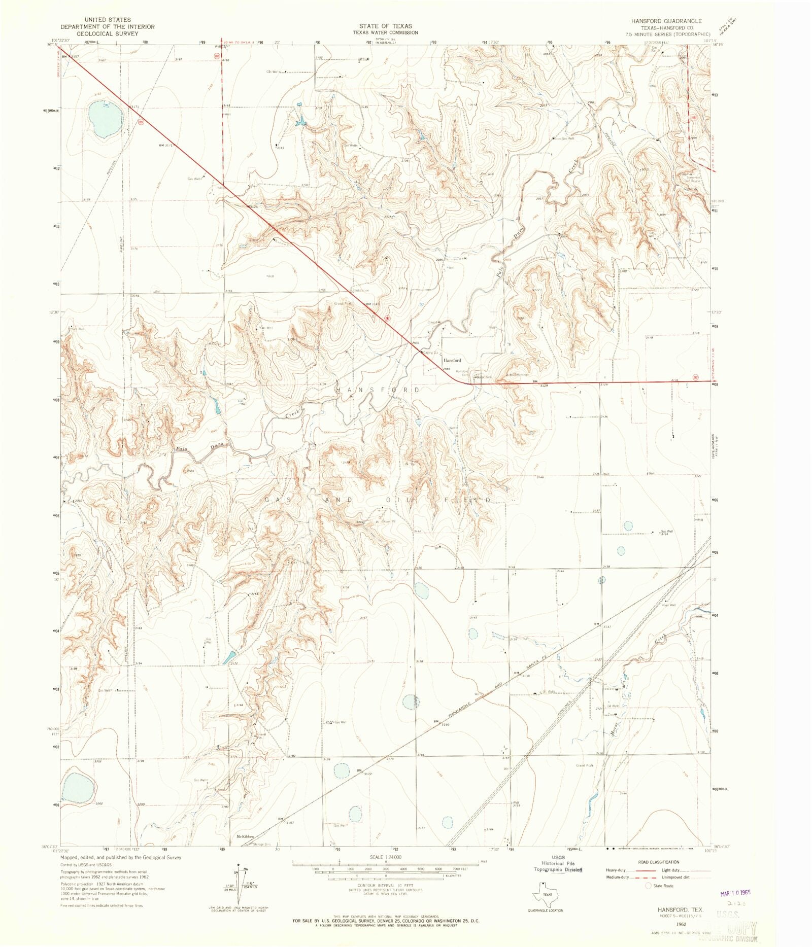 Classic USGS Hansford Texas 7.5'x7.5' Topo Map – MyTopo Map Store