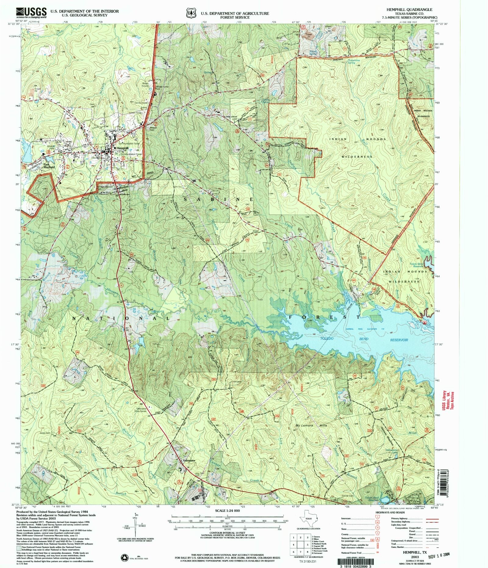Classic USGS Hemphill Texas 7.5'x7.5' Topo Map – MyTopo Map Store