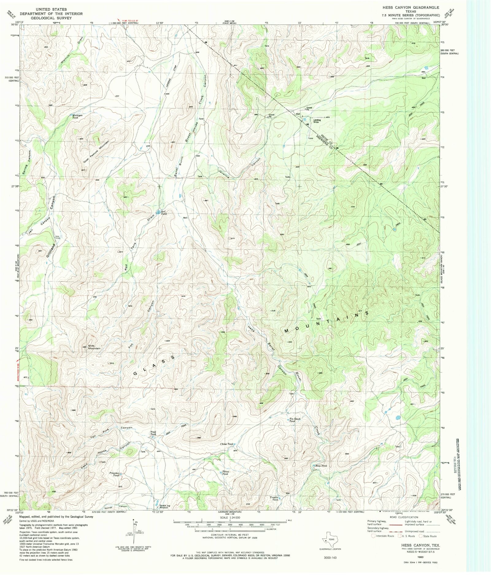 Classic USGS Hess Canyon Texas 7.5'x7.5' Topo Map – MyTopo Map Store