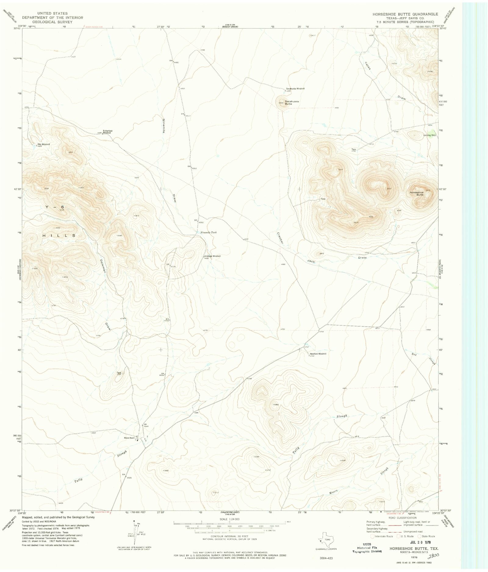 Classic USGS Horseshoe Butte Texas 7.5'x7.5' Topo Map – MyTopo Map Store