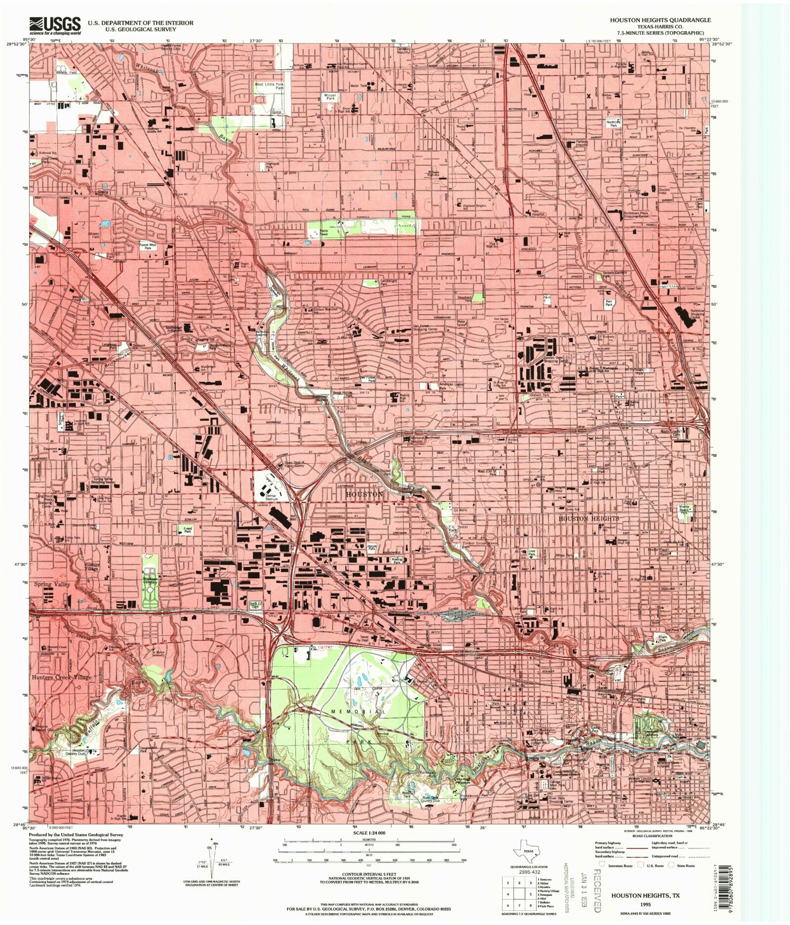 Classic USGS Houston Heights Texas 7.5'x7.5' Topo Map – MyTopo Map Store