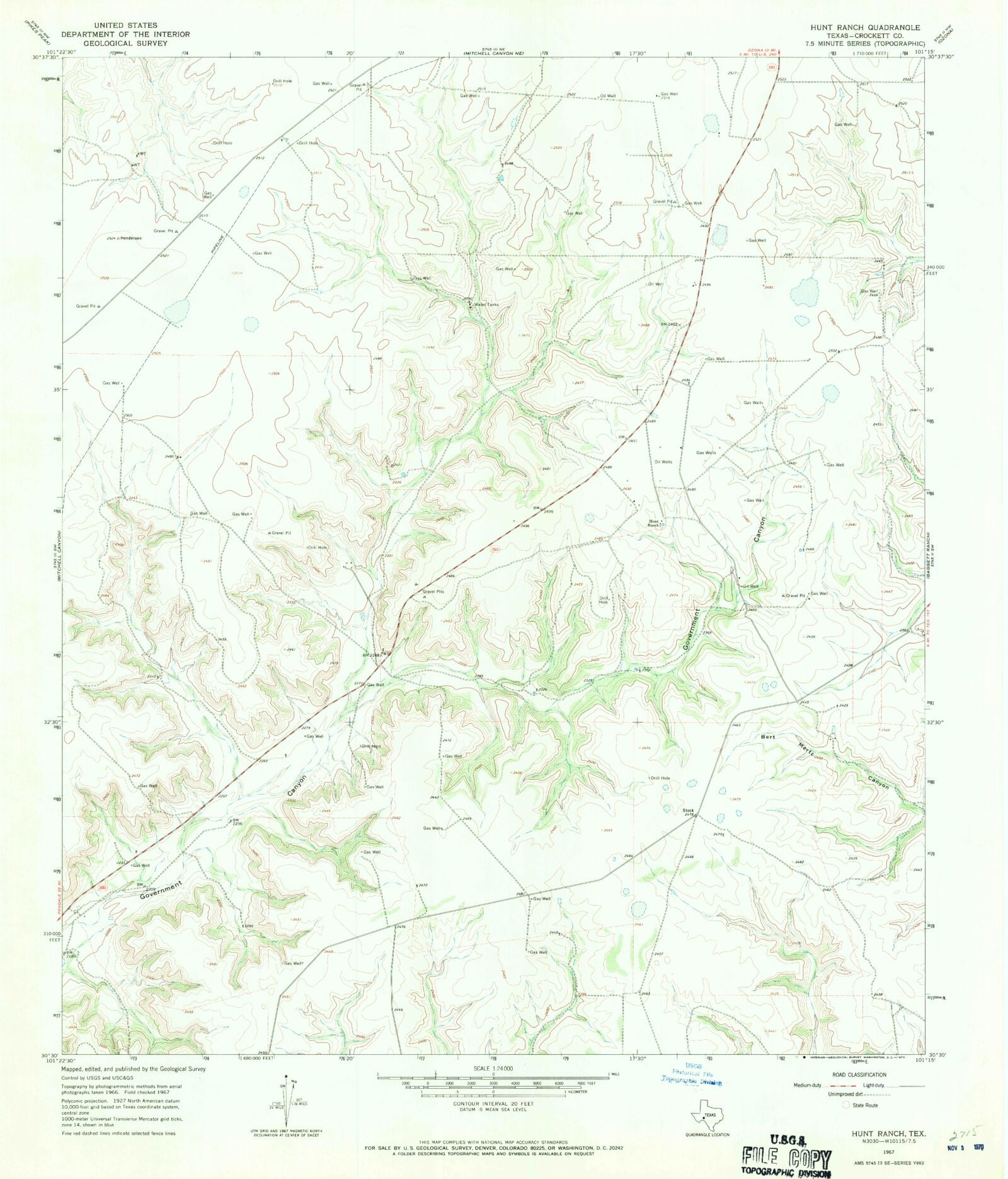 Classic USGS Hunt Ranch Texas 7.5'x7.5' Topo Map – MyTopo Map Store