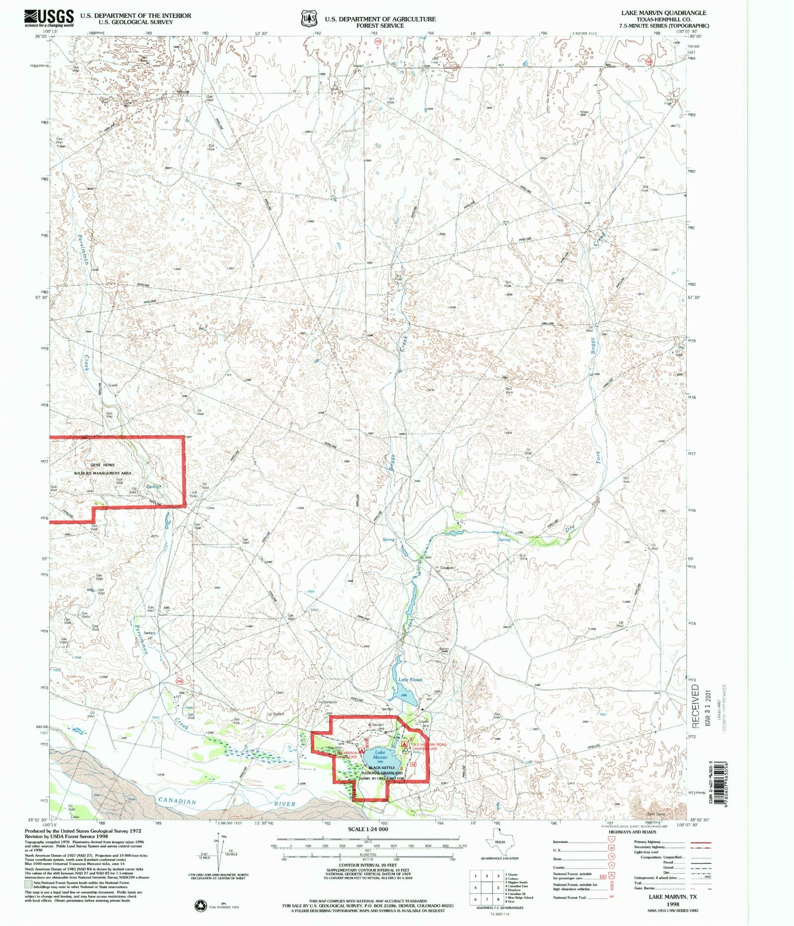 Classic USGS Lake Marvin Texas 7.5'x7.5' Topo Map – MyTopo Map Store