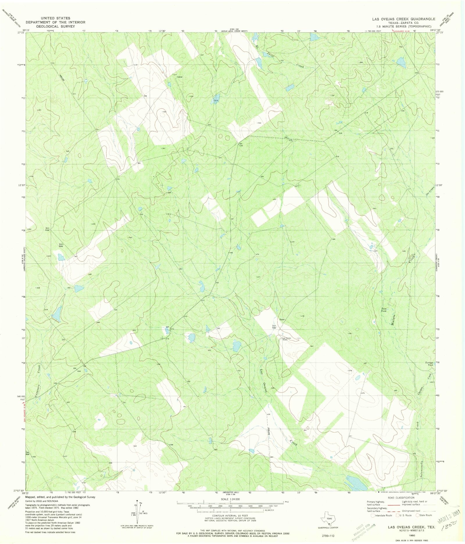 Classic USGS Las Ovejas Creek Texas 7.5'x7.5' Topo Map – MyTopo Map Store
