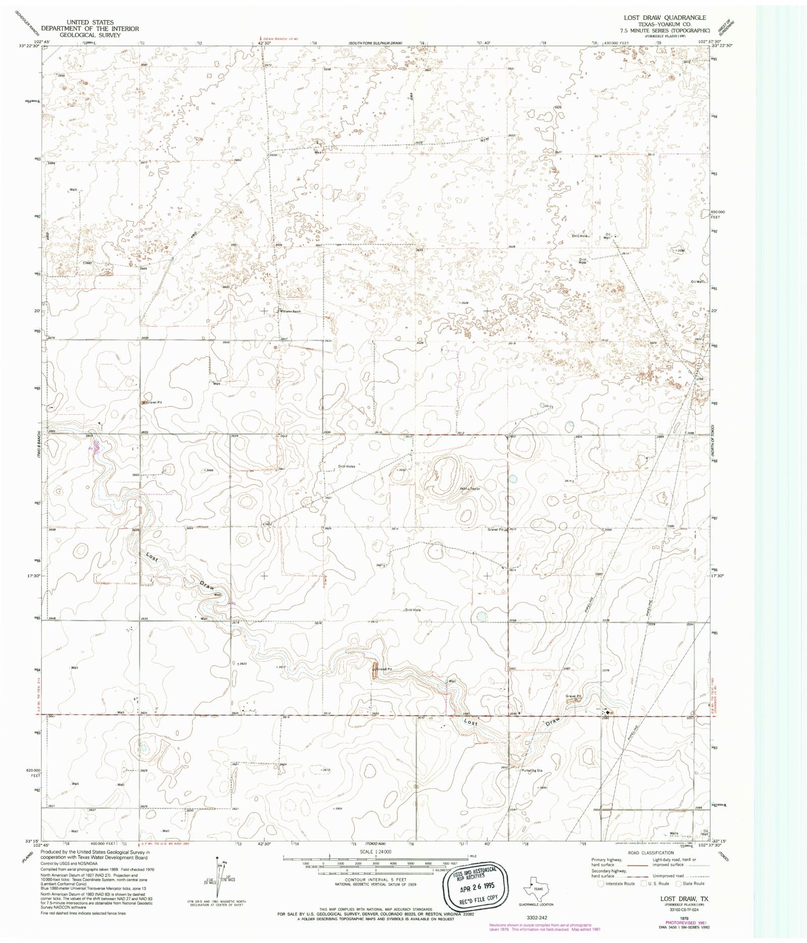 Classic USGS Lost Draw Texas 7.5'x7.5' Topo Map – MyTopo Map Store