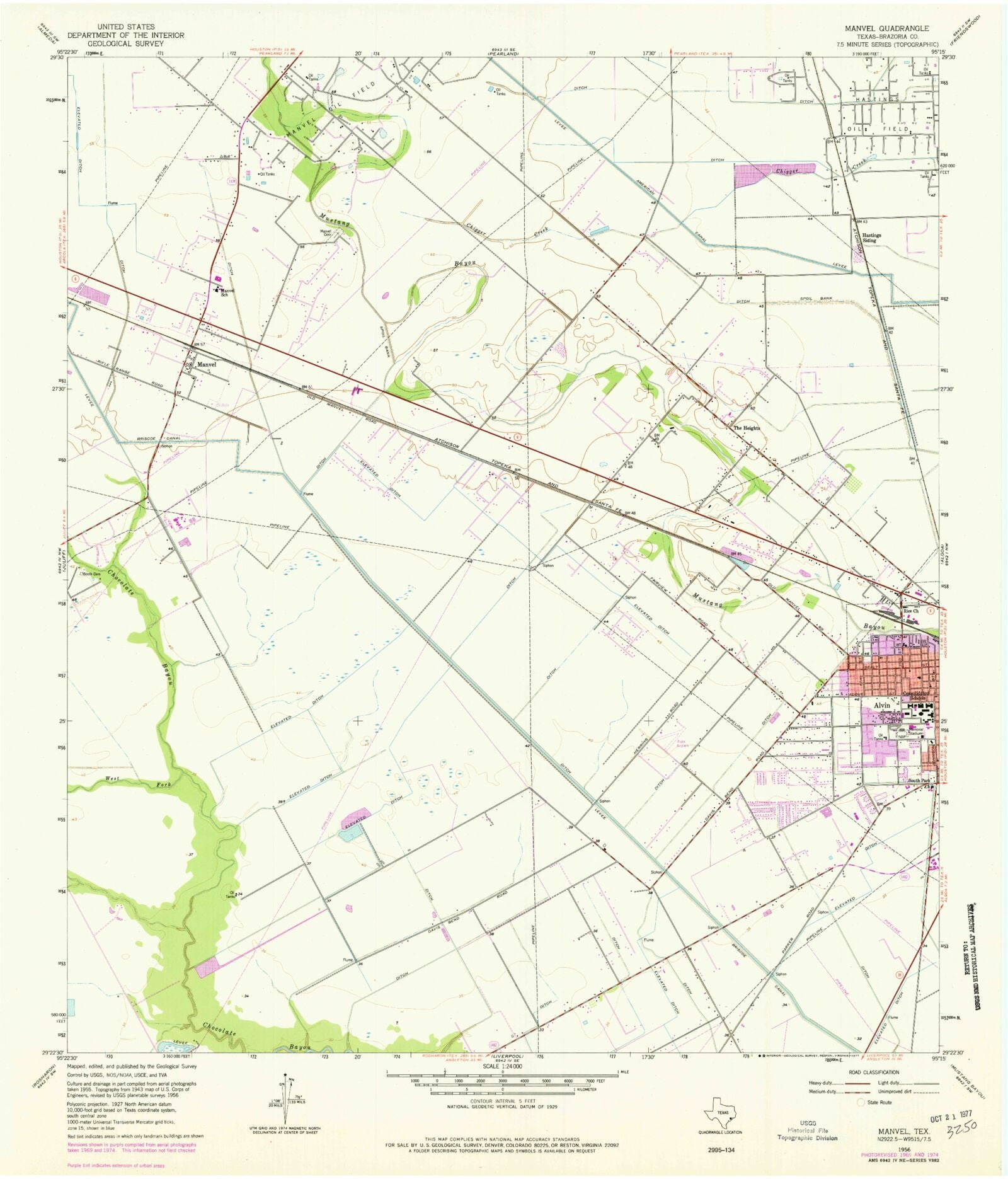 Classic USGS Manvel Texas 7.5'x7.5' Topo Map – MyTopo Map Store