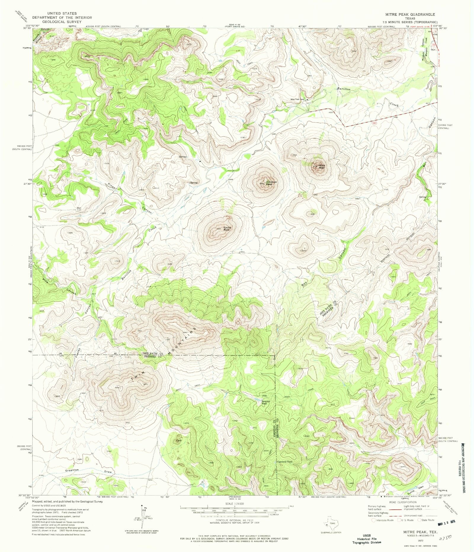 Classic USGS Mitre Peak Texas 7.5'x7.5' Topo Map – MyTopo Map Store