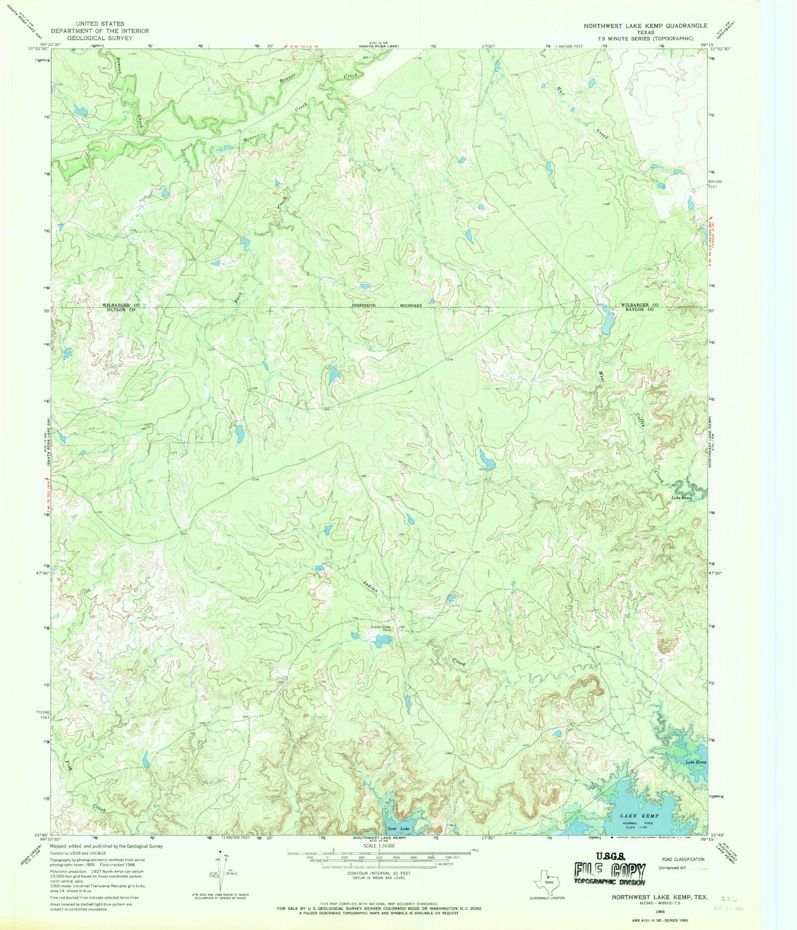 Classic USGS Northwest Lake Kemp Texas 7.5'x7.5' Topo Map – MyTopo Map ...
