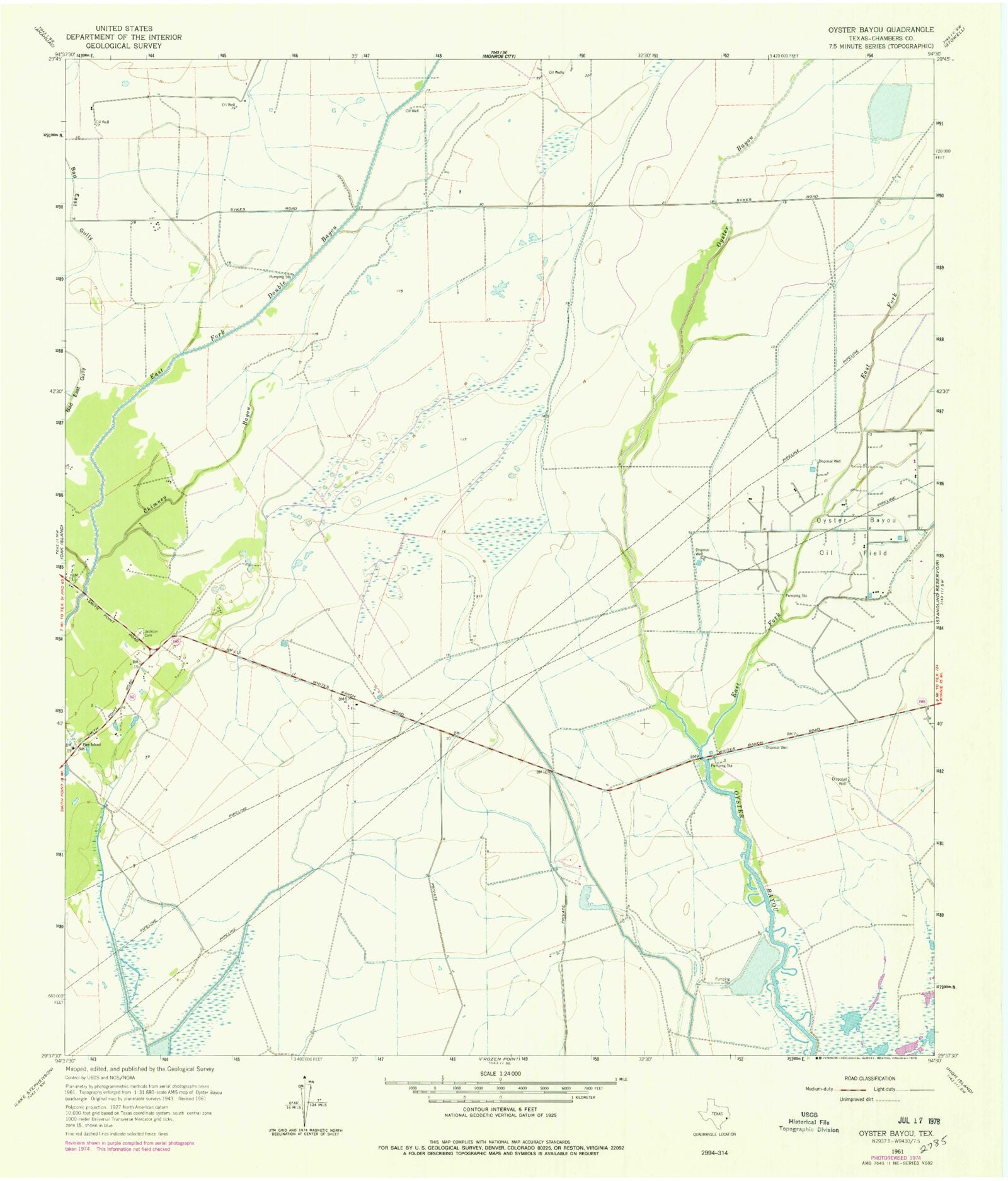 Classic USGS Oyster Bayou Texas 7.5'x7.5' Topo Map – MyTopo Map Store