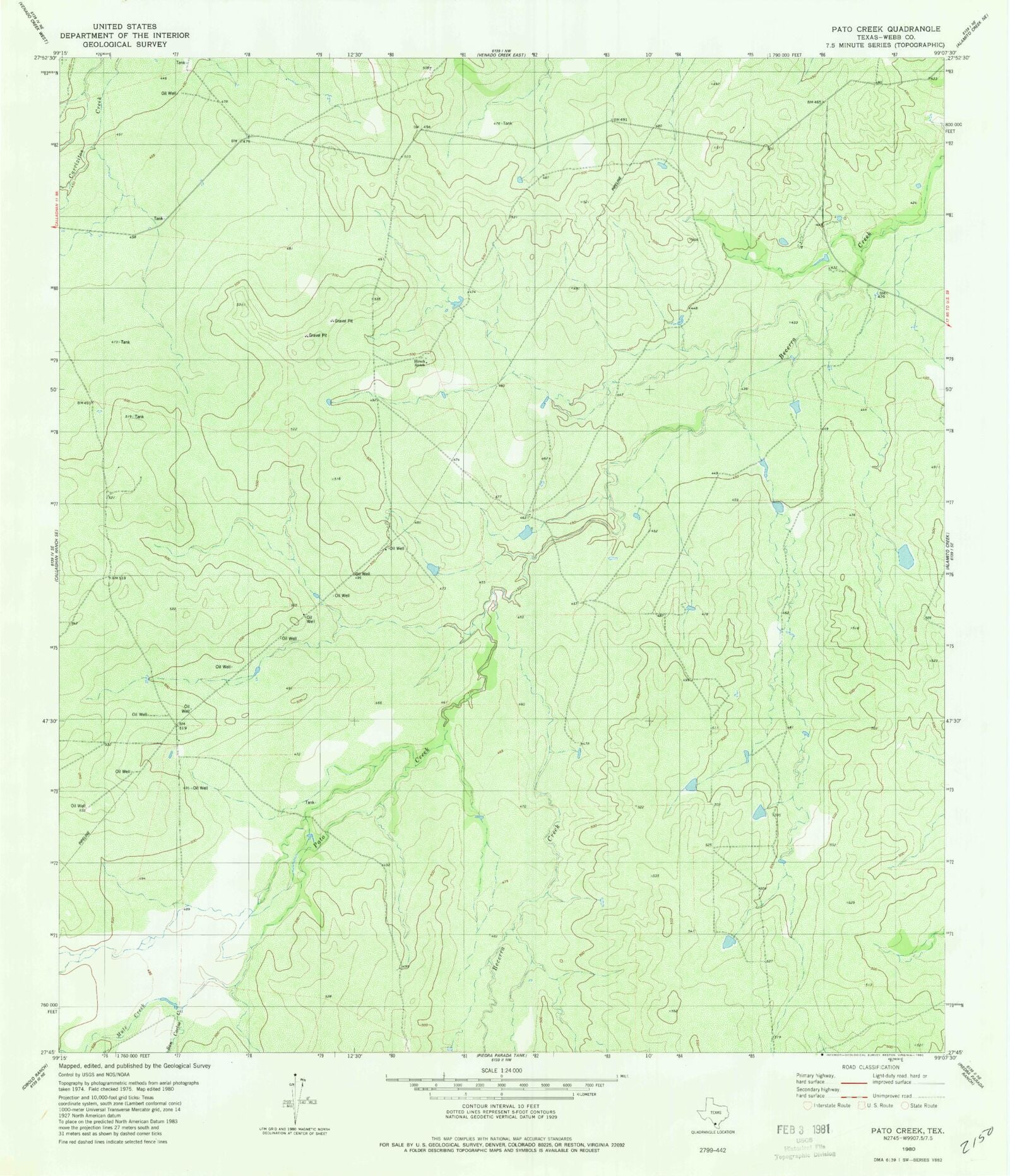 Classic USGS Pato Creek Texas 7.5'x7.5' Topo Map – MyTopo Map Store