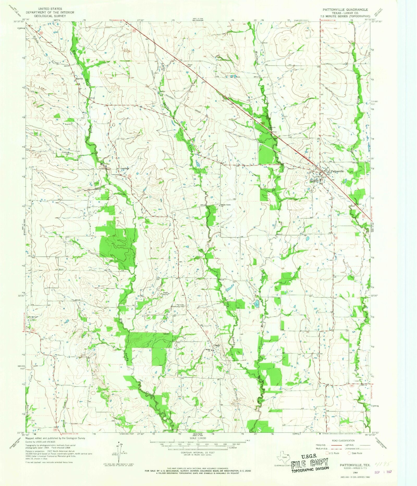 Classic USGS Pattonville Texas 7.5'x7.5' Topo Map – MyTopo Map Store