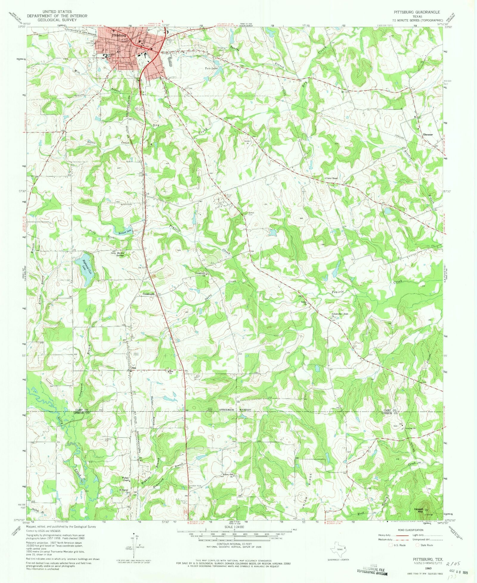 Classic USGS Pittsburg Texas 7.5'x7.5' Topo Map – MyTopo Map Store