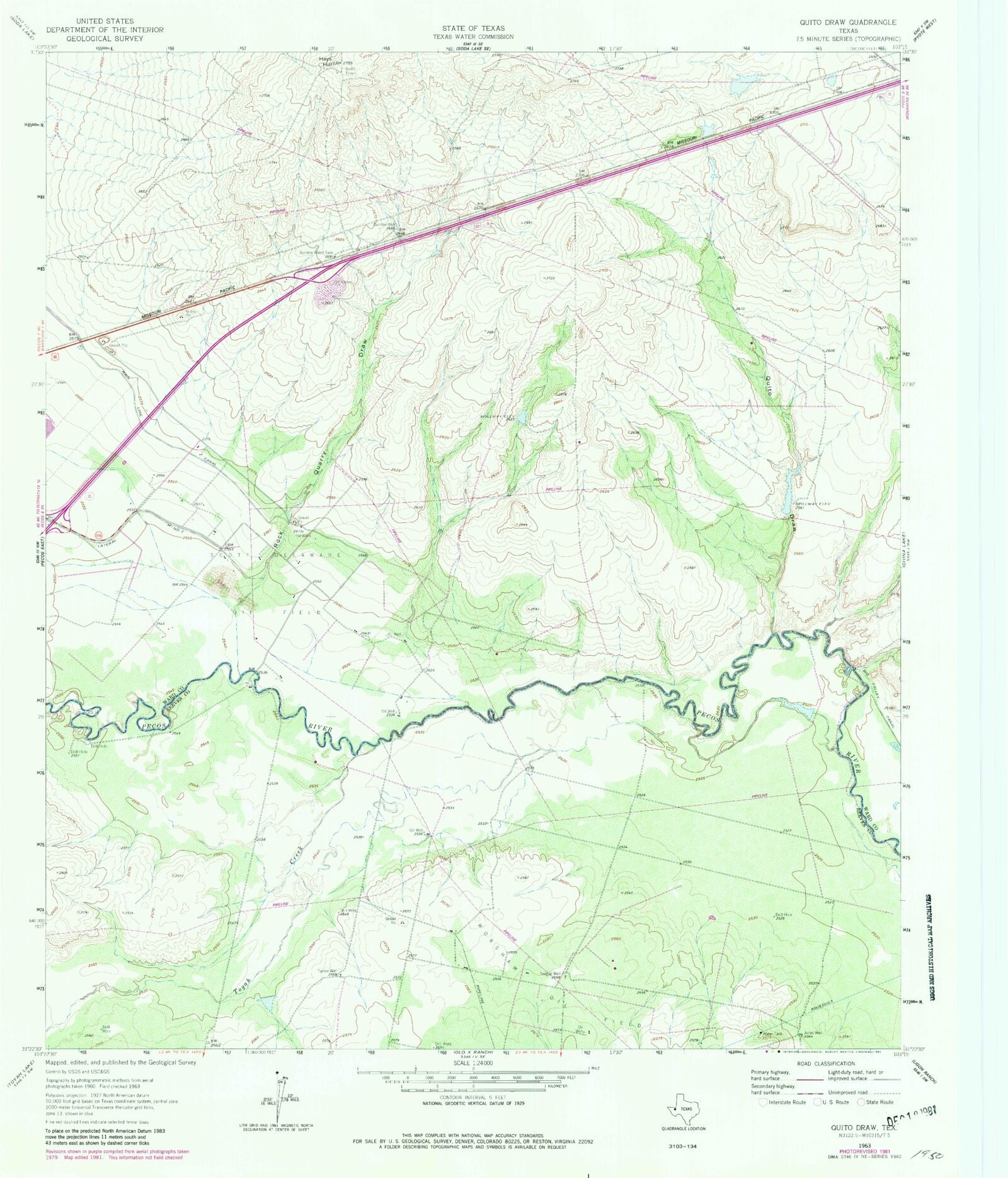 Classic USGS Quito Draw Texas 7.5'x7.5' Topo Map – MyTopo Map Store