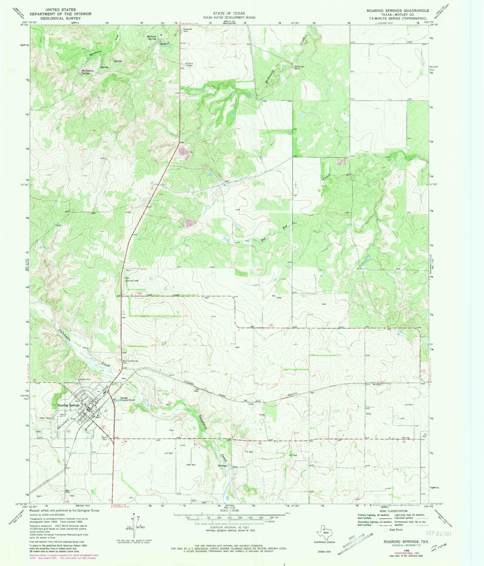 Classic USGS Roaring Springs Texas 7.5'x7.5' Topo Map – MyTopo Map Store