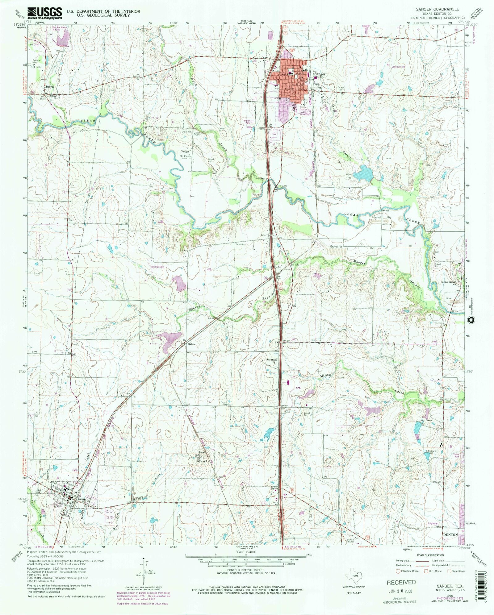 Classic USGS Sanger Texas 7.5'x7.5' Topo Map – MyTopo Map Store