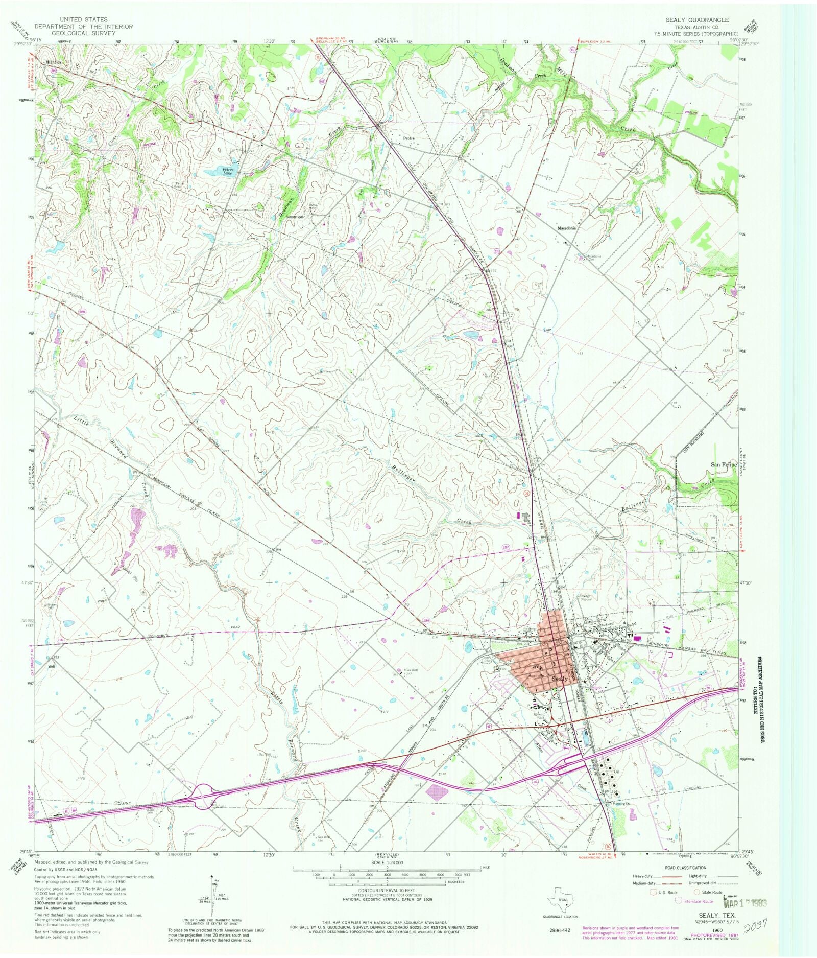 Classic USGS Sealy Texas 7.5'x7.5' Topo Map – MyTopo Map Store