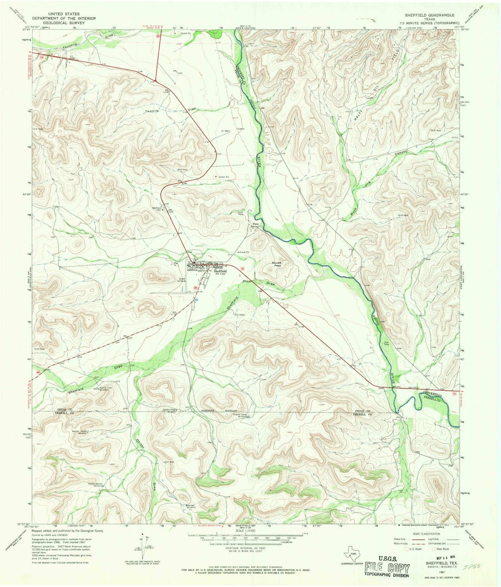 Classic USGS Sheffield Texas 7.5'x7.5' Topo Map – MyTopo Map Store