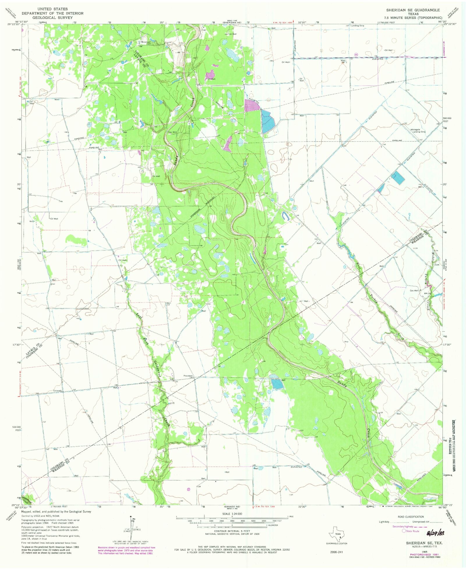 Classic USGS Sheridan SE Texas 7.5'x7.5' Topo Map – MyTopo Map Store