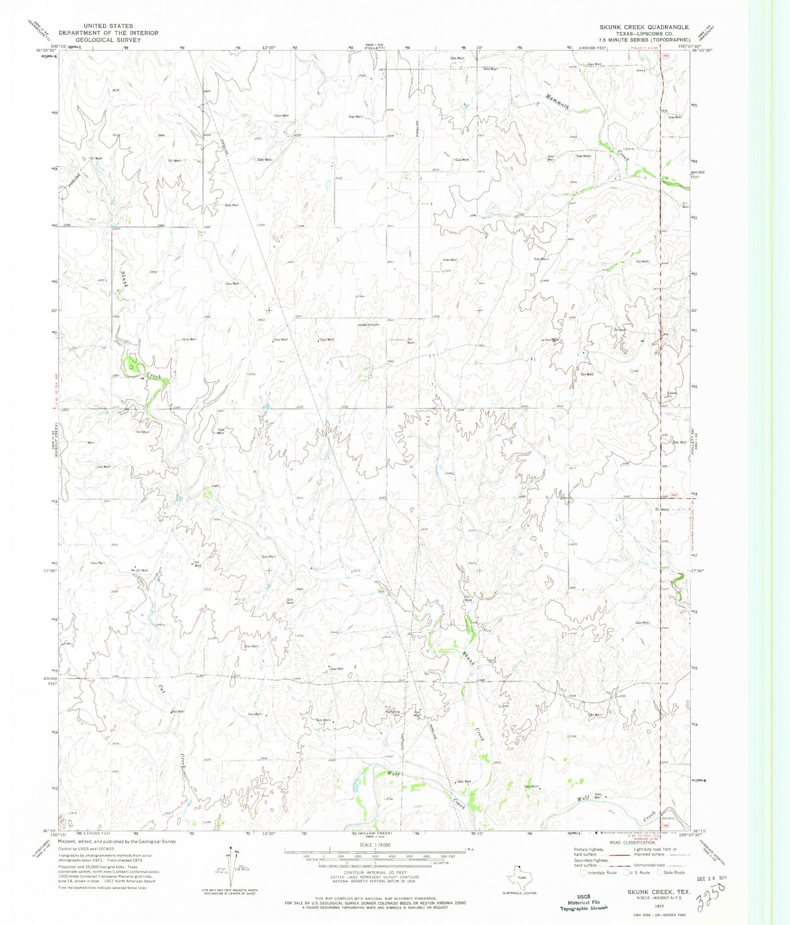 Classic USGS Skunk Creek Texas 7.5'x7.5' Topo Map – MyTopo Map Store