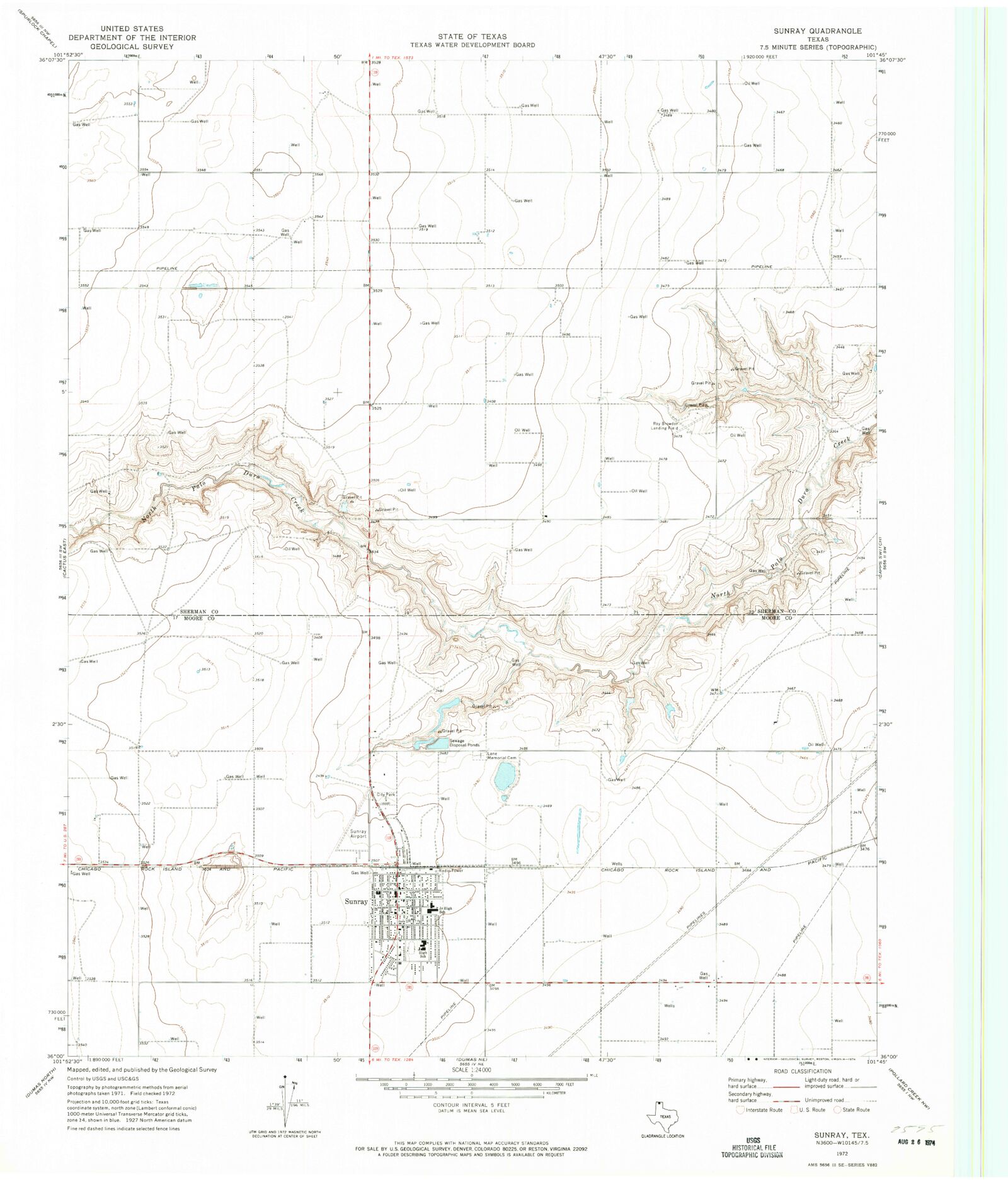 Classic USGS Sunray Texas 7.5'x7.5' Topo Map – MyTopo Map Store
