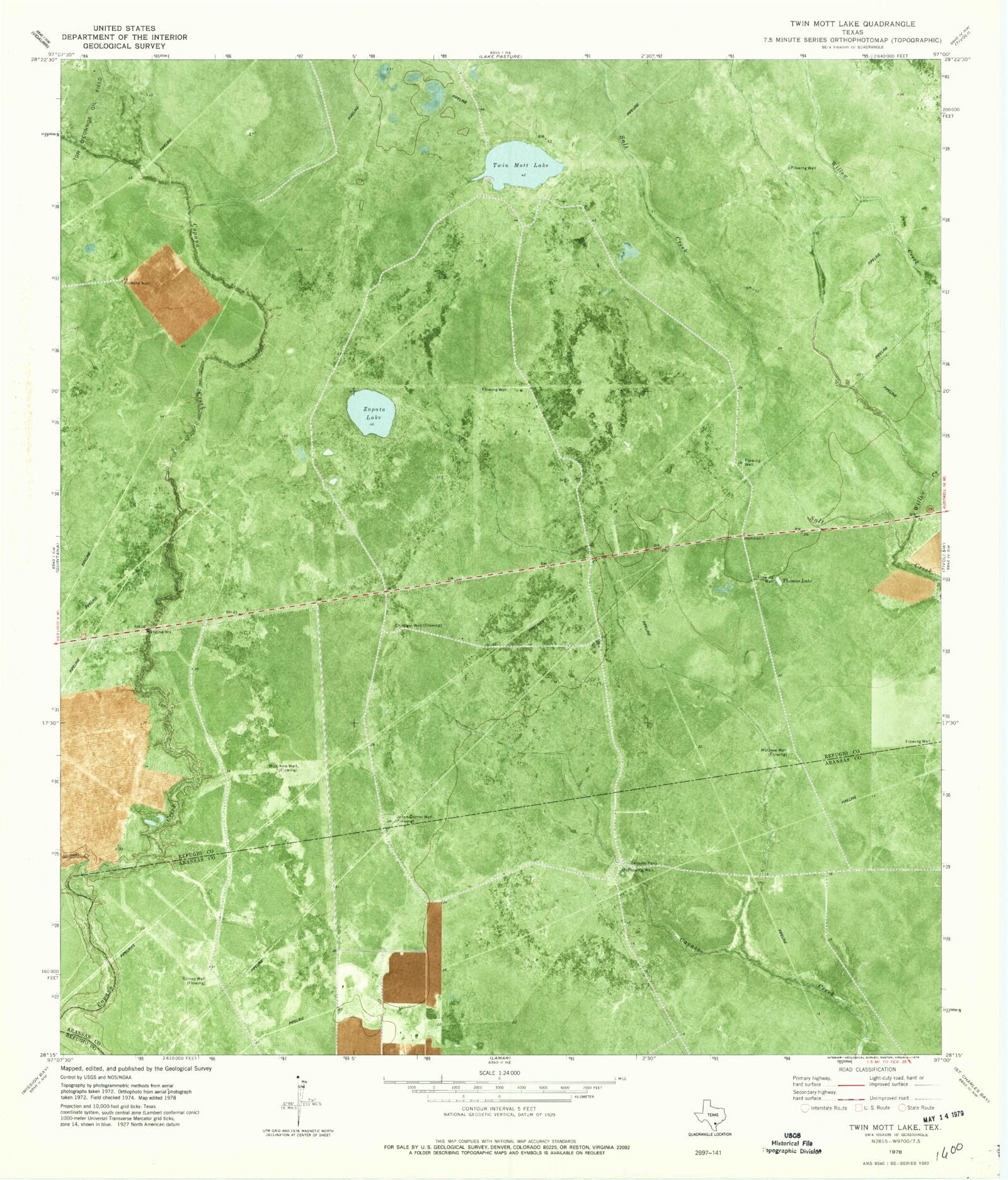 Classic USGS Twin Mott Lake Texas 7.5'x7.5' Topo Map – MyTopo Map Store