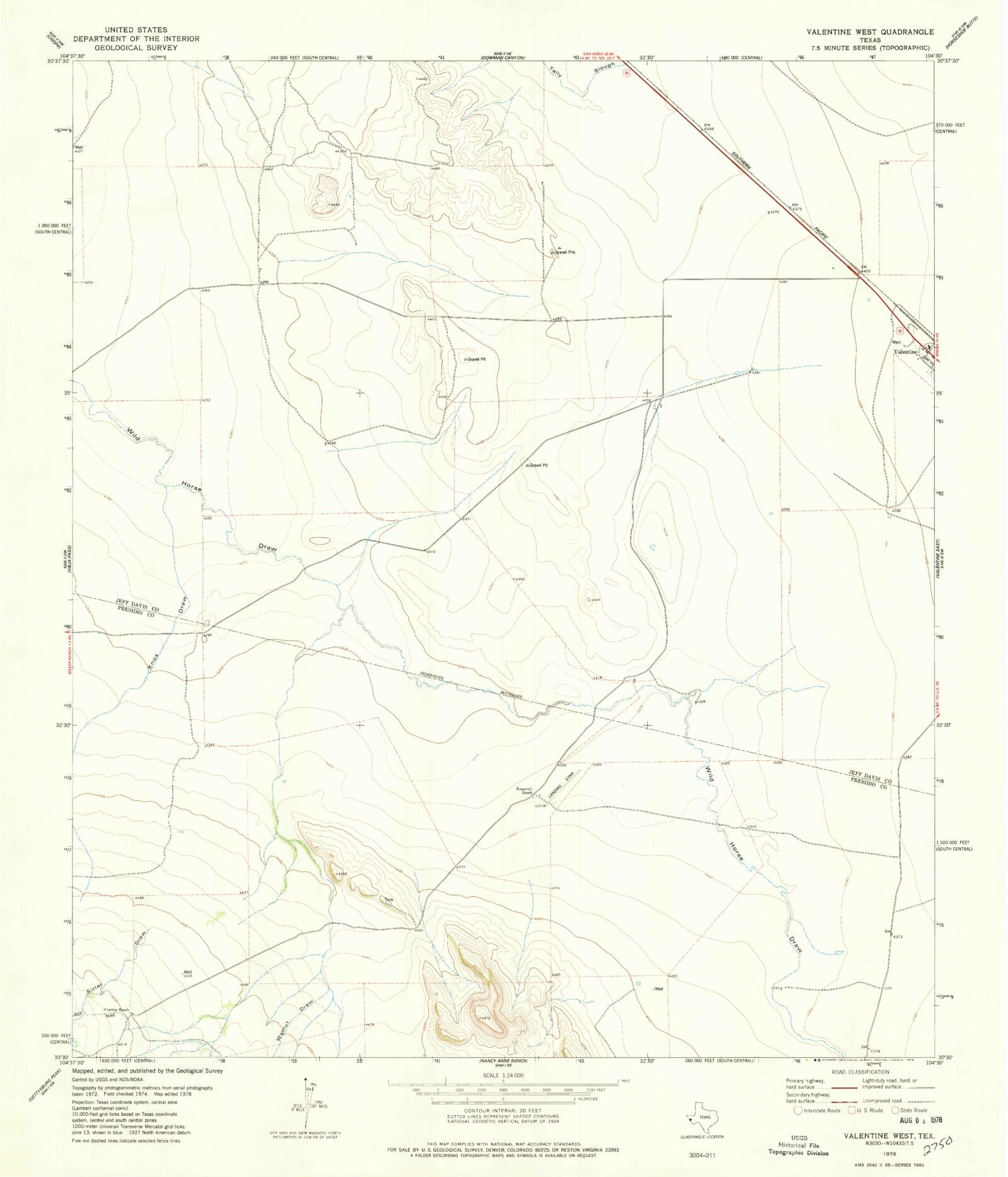 Classic USGS Valentine West Texas 7.5'x7.5' Topo Map – MyTopo Map Store