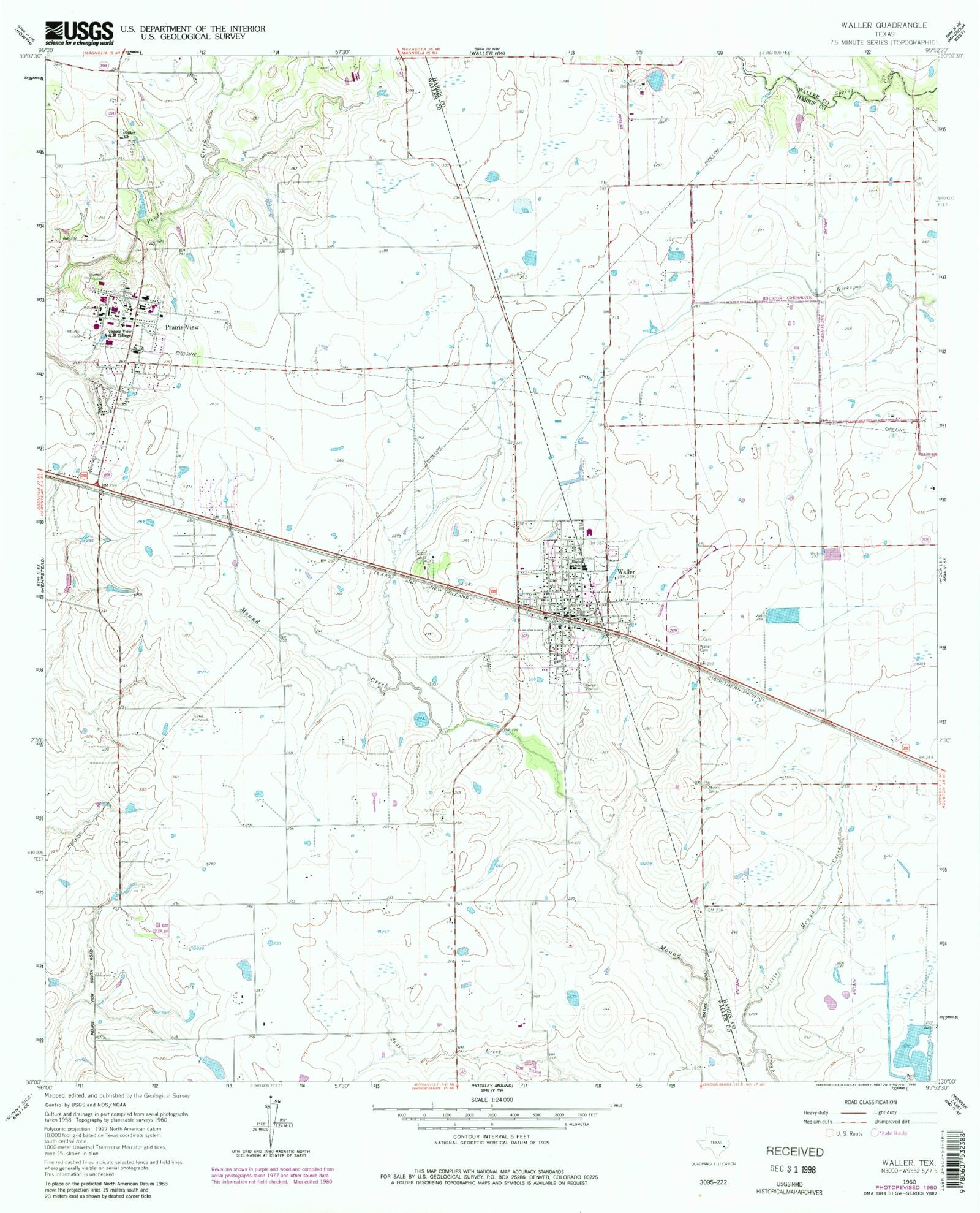 Classic USGS Waller Texas 7.5'x7.5' Topo Map – MyTopo Map Store